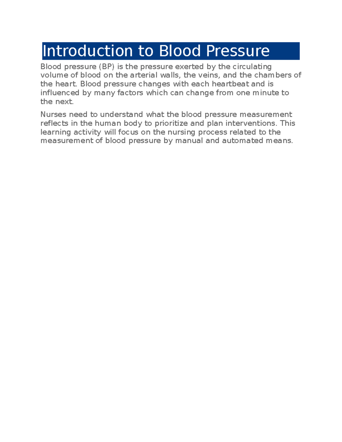Introduction to Blood Pressure - Blood pressure changes with each ...