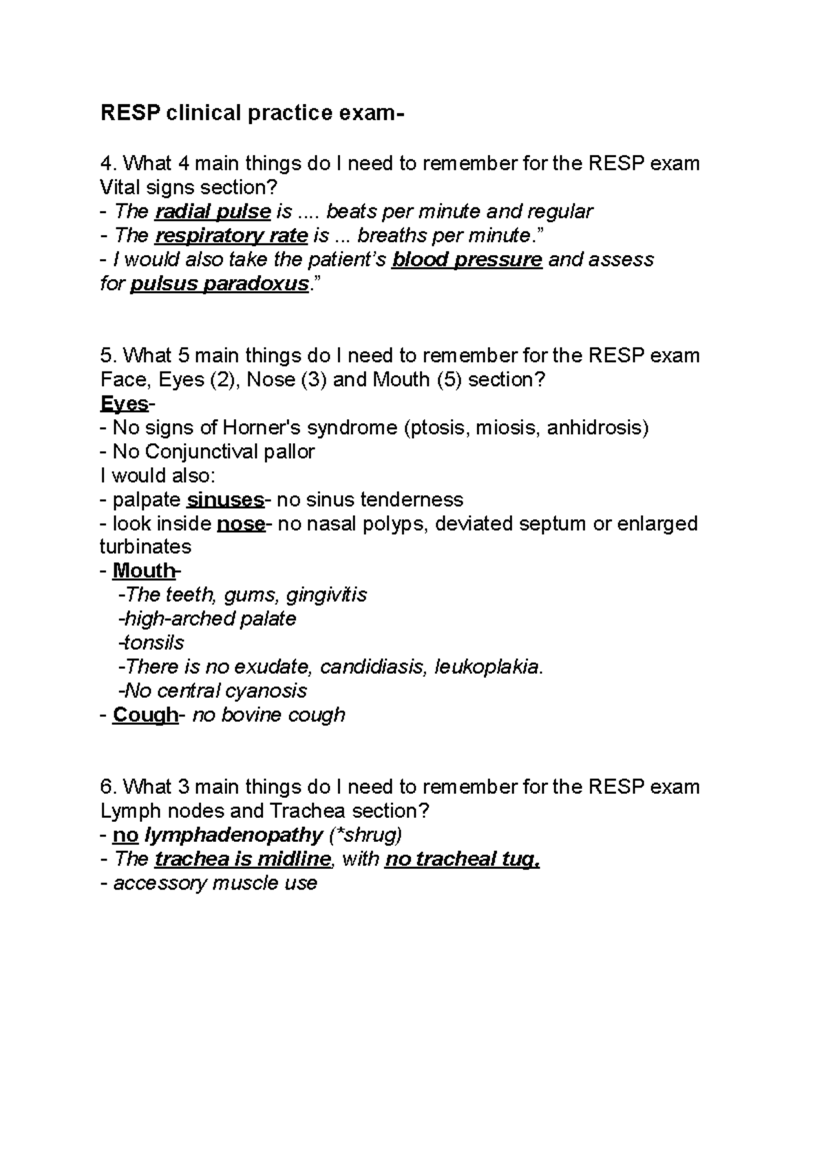 RESP clinical practice exam 3 - RESP clinical practice exam- What 4 ...
