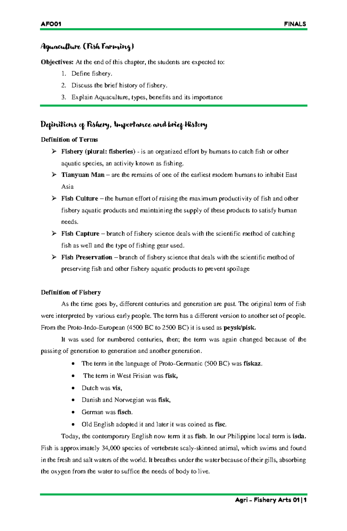 Fish Farming - notes - Aquaculture (Fish Farming) Objectives: At the ...