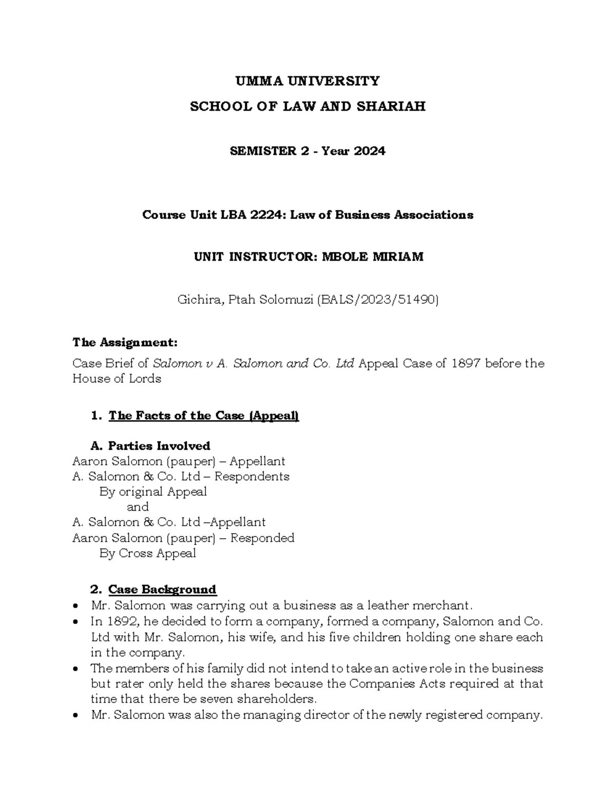 Case Brief- Salomon v Salomon - LBA 2224 - UMMA UNIVERSITY SCHOOL OF ...