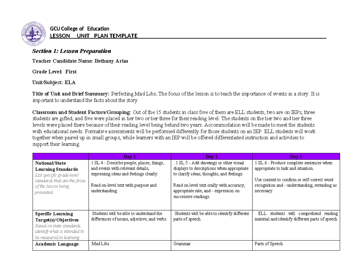 3-day unit plan template - Section 1: Lesson Preparation Teacher ...