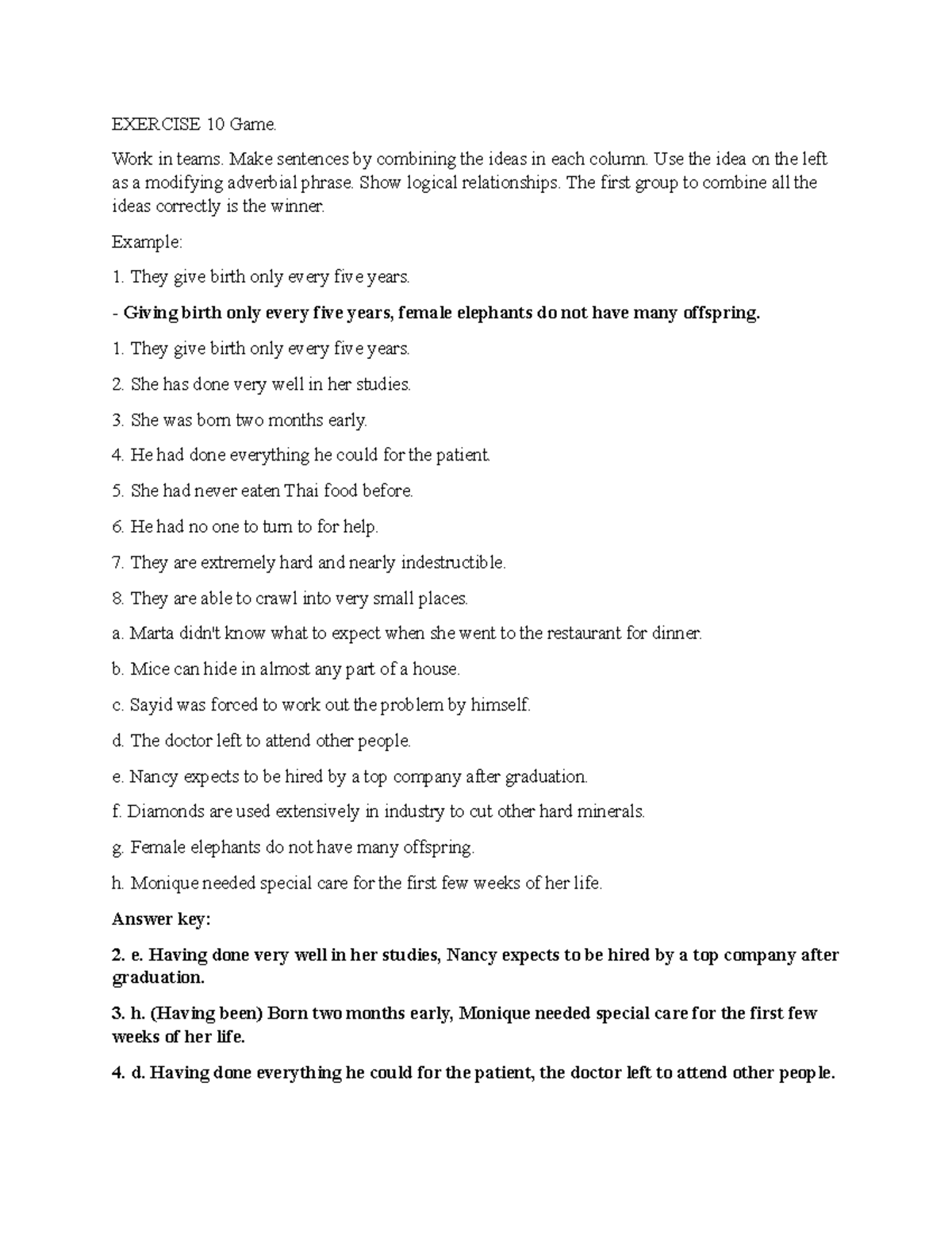 Chapter 18 Exercise 10 and Exercise 11 - EXERCISE 10 Game. Work in ...