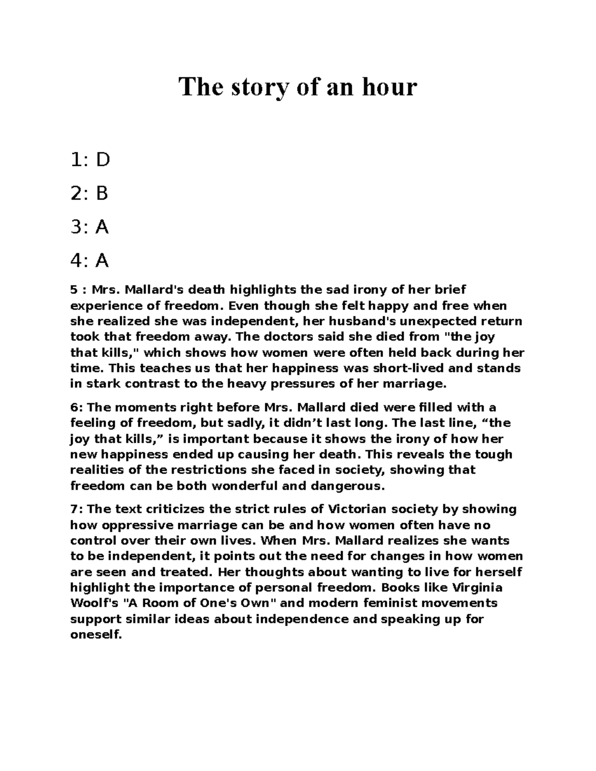 The+story+of+an+hour - The story of an hour 1: D 2: B 3: A 4: A 5 : Mrs ...