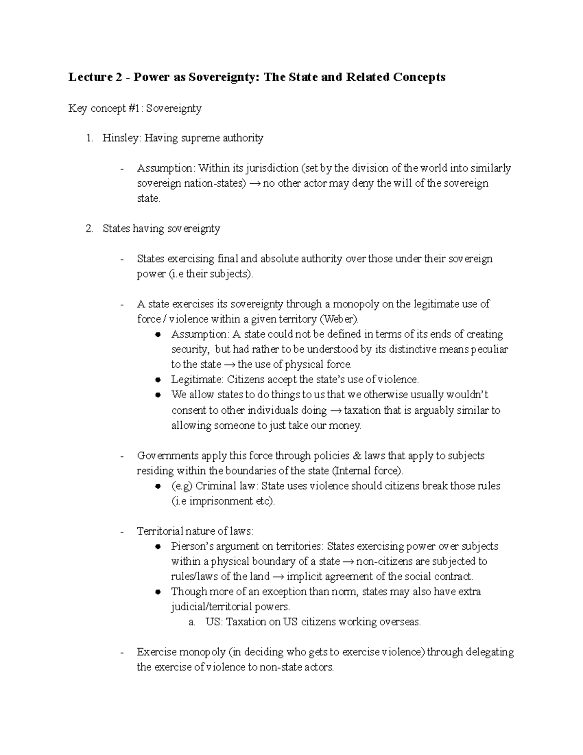 PS1101E notes - Lecture 2 - Power as Sovereignty: The State and Related ...