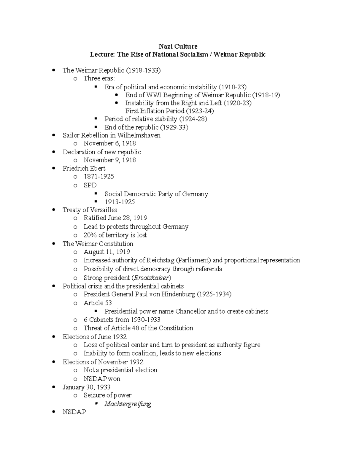 Weimar Republic Notes - Nazi Culture Lecture: The Rise of National ...