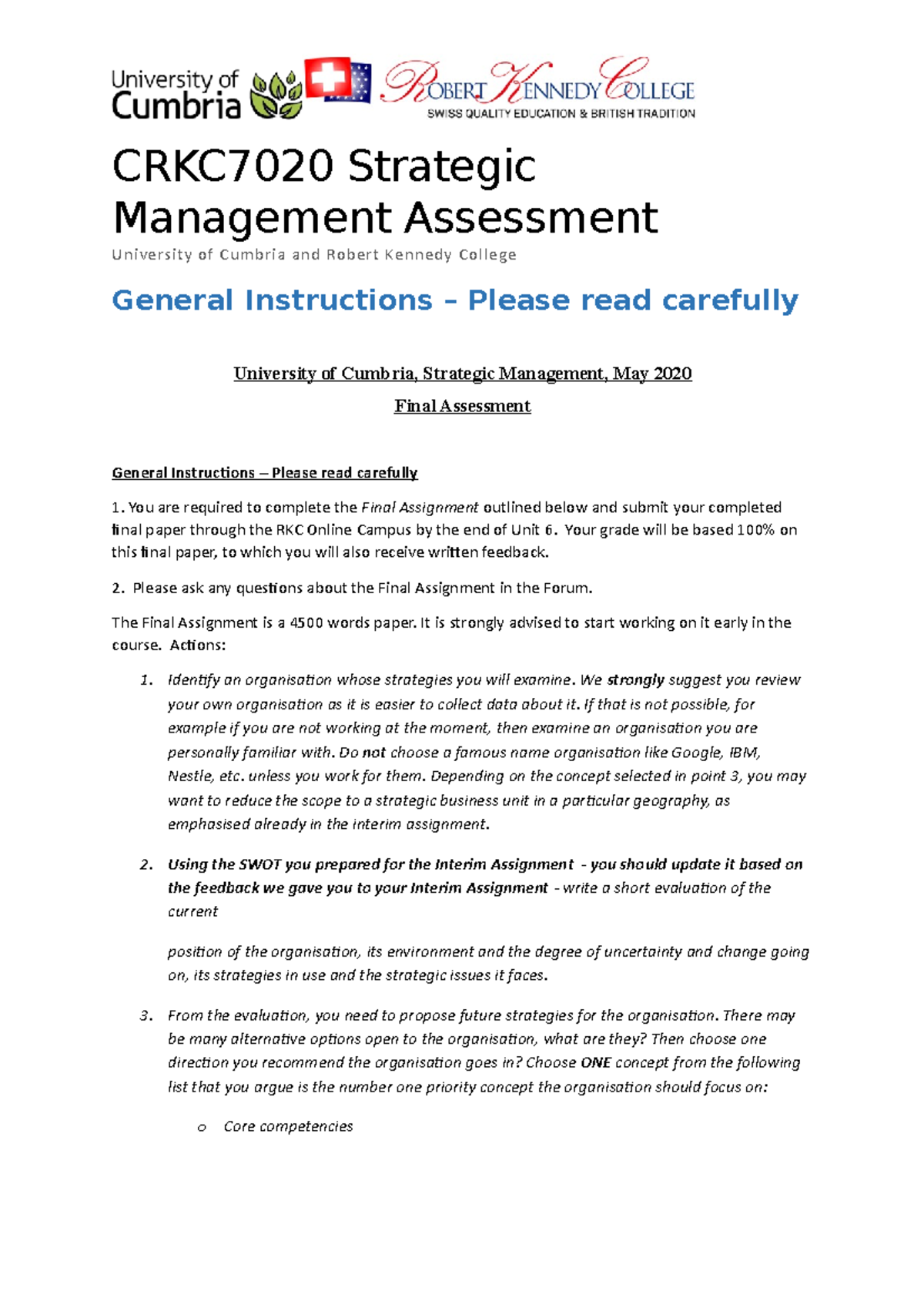Attachment 1 - Strategic Management Assessment - CRKC7020 Strategic ...