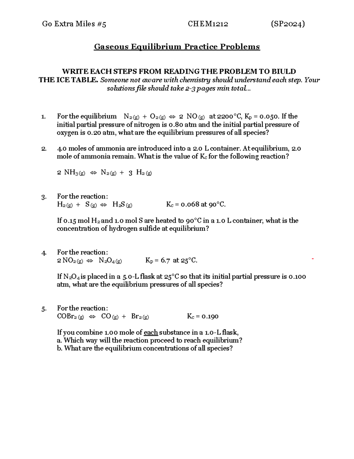 Go Extra Miles#5 Key - chem - Gaseous Equilibrium Practice Problems 1 ...