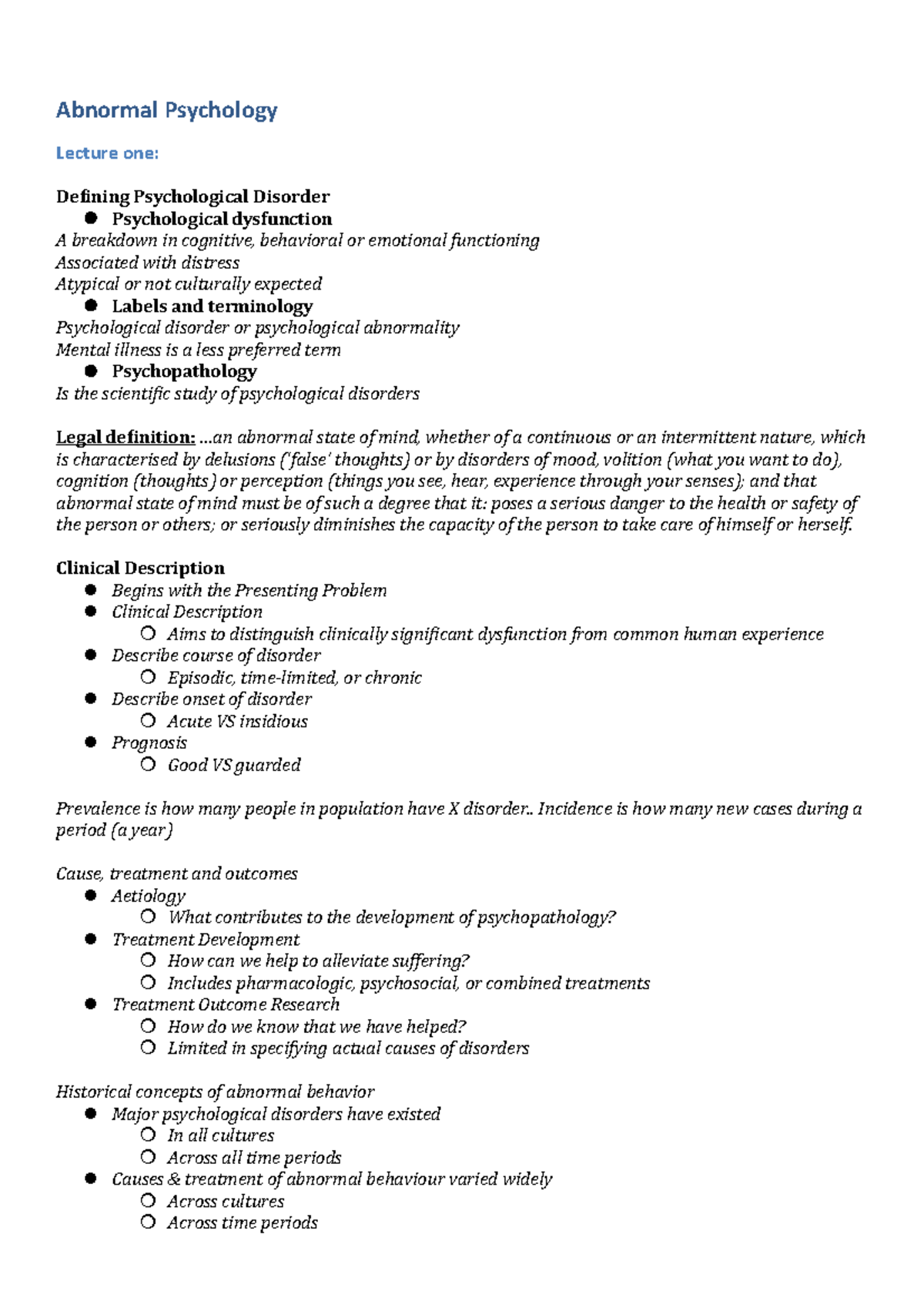 Abnormal - Lecture Notes - Abnormal Psychology Lecture one: Defining ...