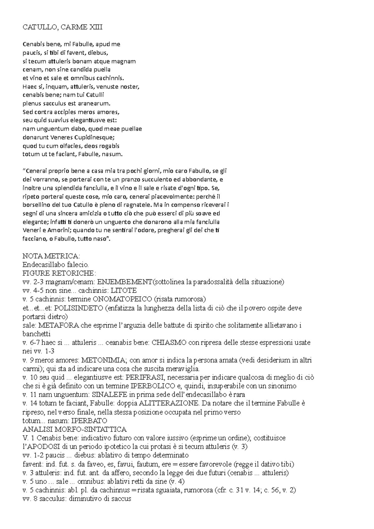 Catullo - MLLL - CATULLO, CARME XIII Cenabis bene, mi Fabulle, apud me ...