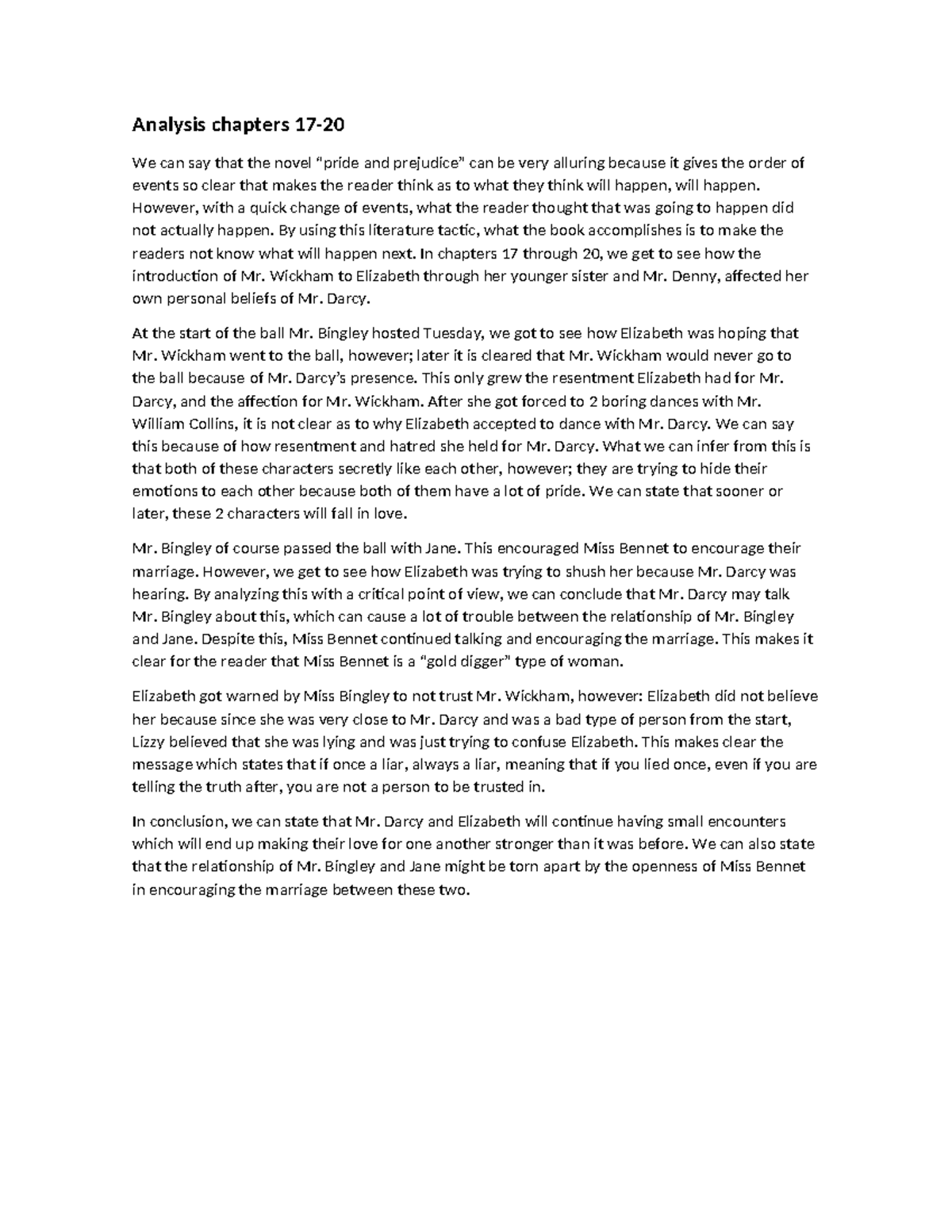 Analysis chapters 17-20 - Analysis chapters 17- We can say that the novel “pride and prejudice ...