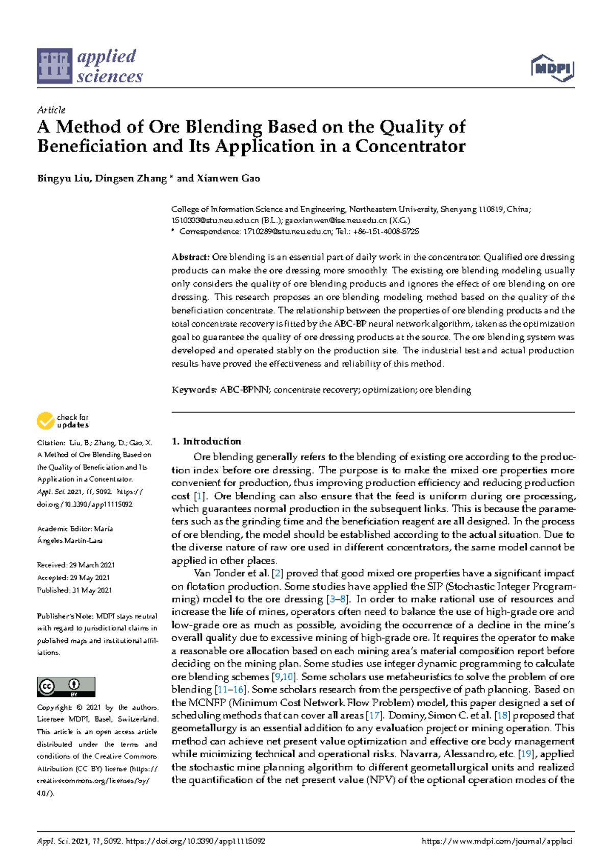A Method of Ore Blending Based on the Quality of B - applied sciences ...
