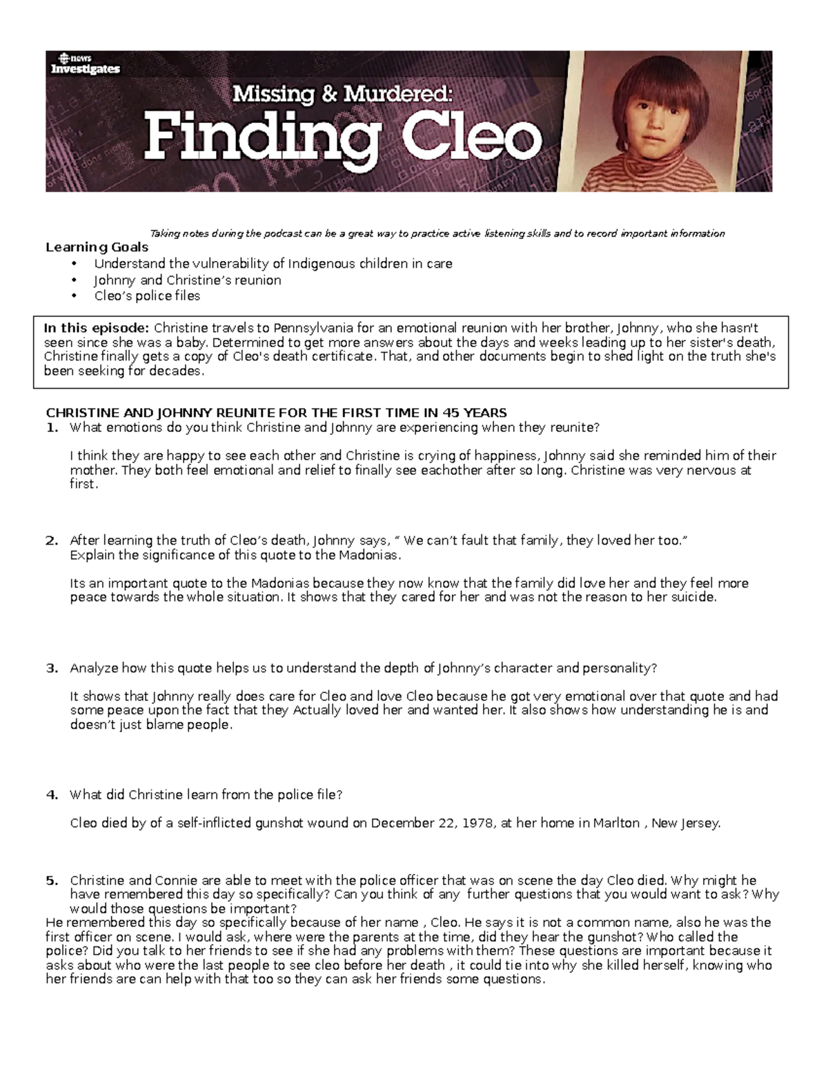 finding cleo assignemt - Taking notes during the podcast can be a great ...