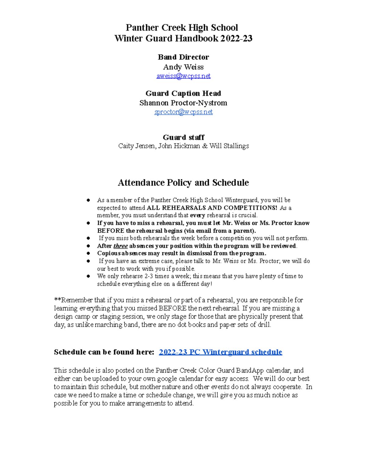 PC Winterguard Handbook 2022-23 - Panther Creek High School Winter ...