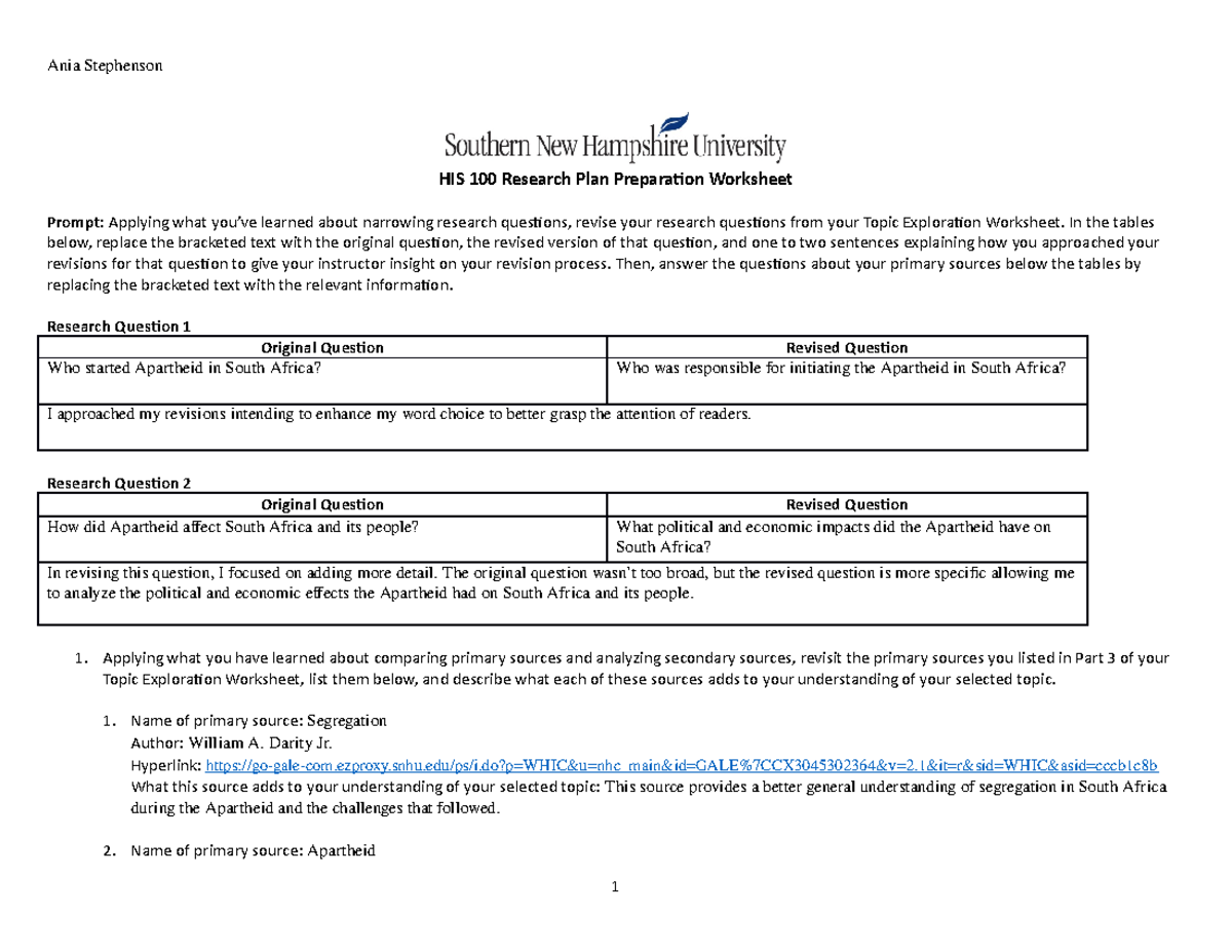 HIS 100 Research Plan Preparation Worksheet - Ania Stephenson HIS 100 Research Plan Preparation ...