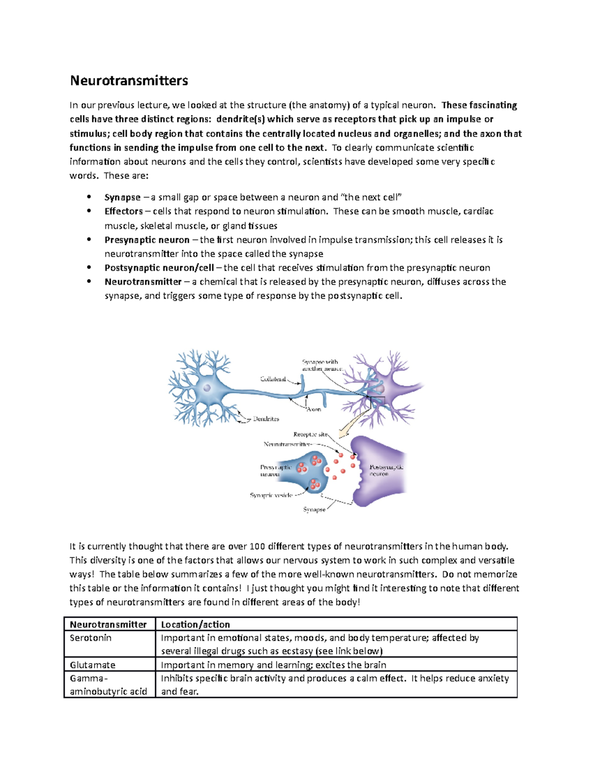 Lecture 8 - Neurotransmitters - Neurotransmitters In our previous ...