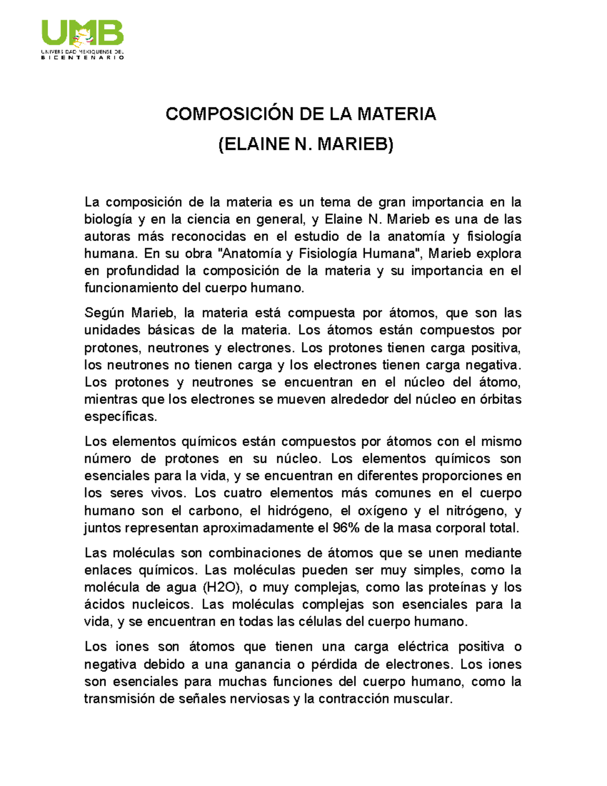 Composición de la materia - Elaine N. Marieb - COMPOSICIÓN DE LA MATERIA (ELAINE N. MARIEB) La ...