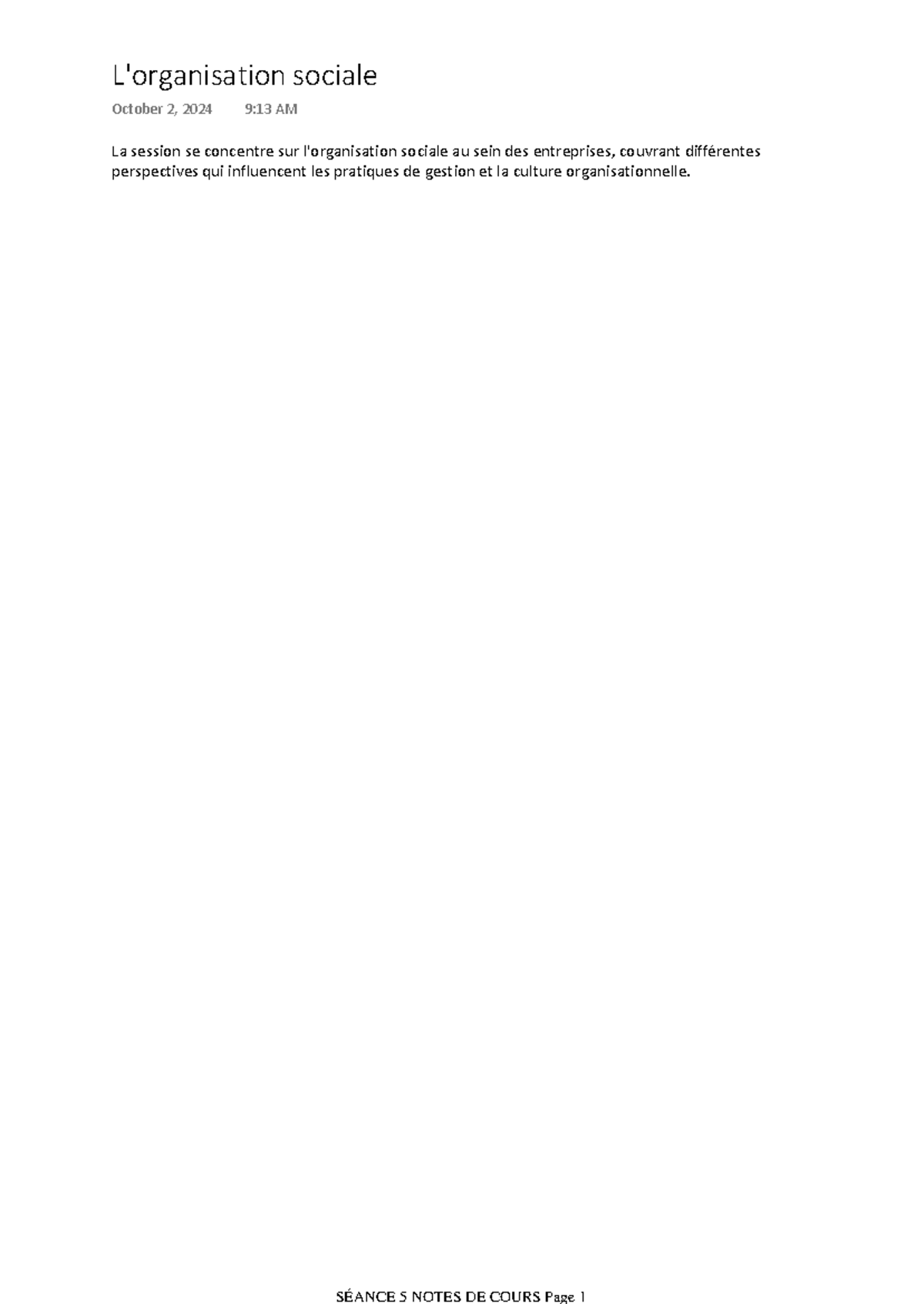 Séance 5 Notes DE Cours - L'organisation sociale La session se ...