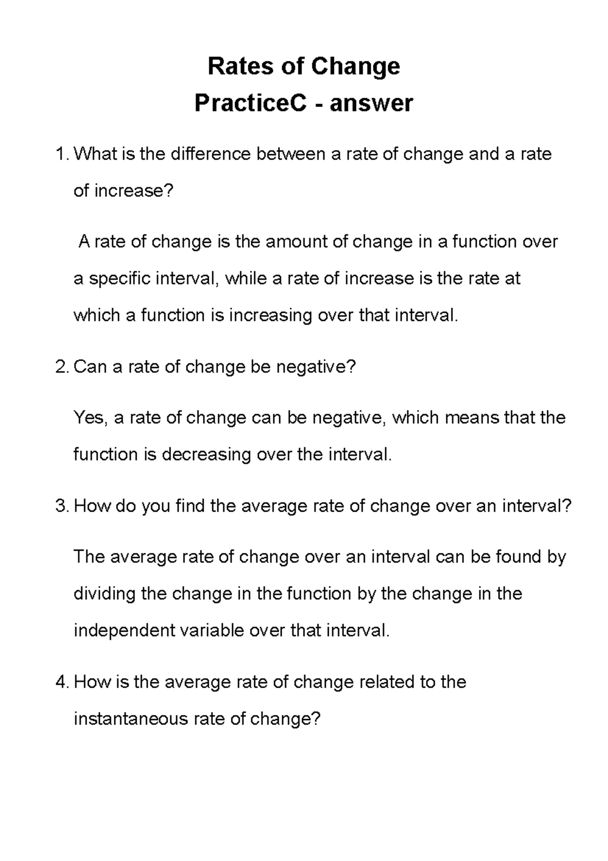 Rates of Change Practice C - answer - Rates of Change PracticeC ...