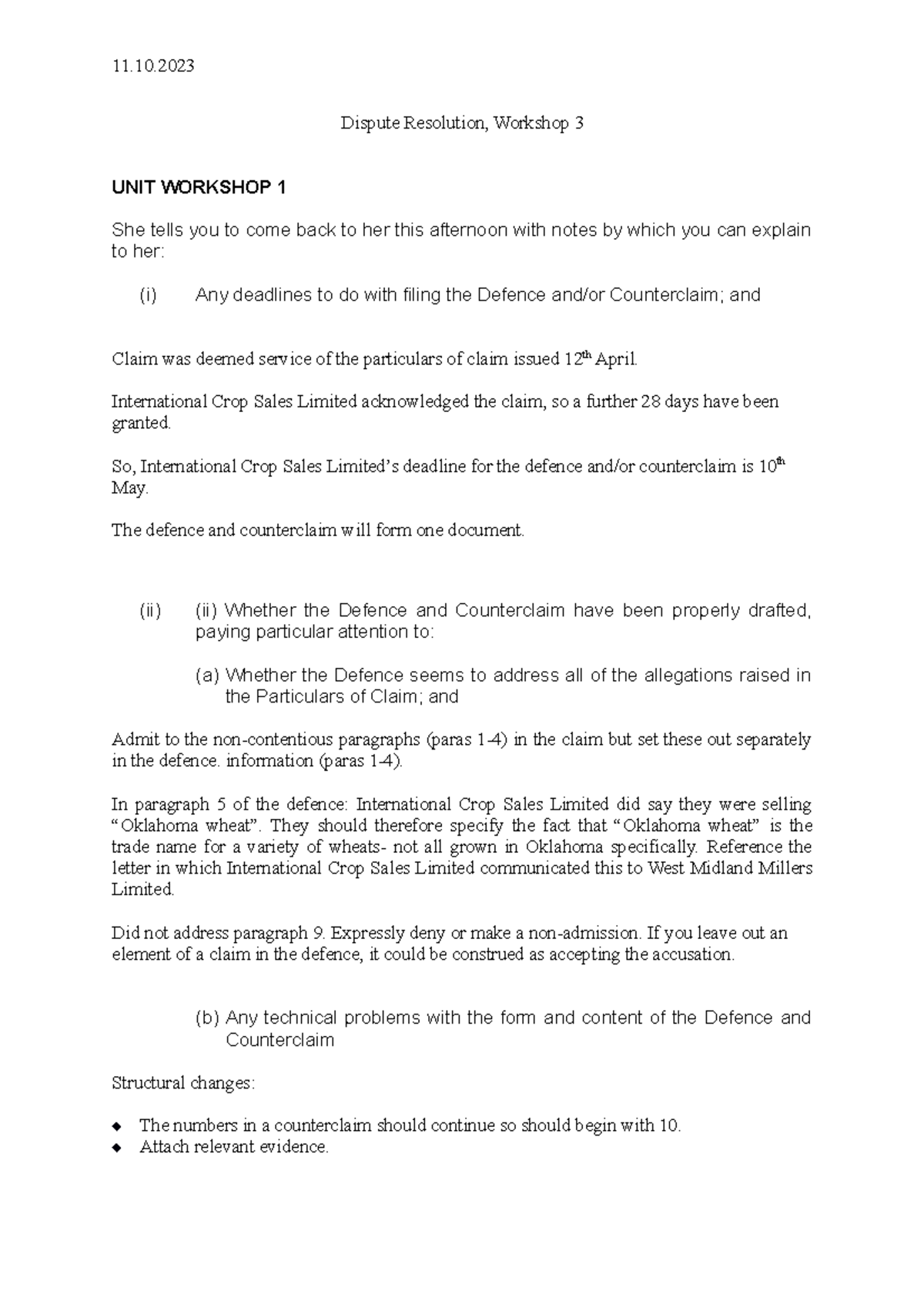 Dispute Resolution, Workshop 3 - 11. Dispute Resolution, Workshop 3 ...