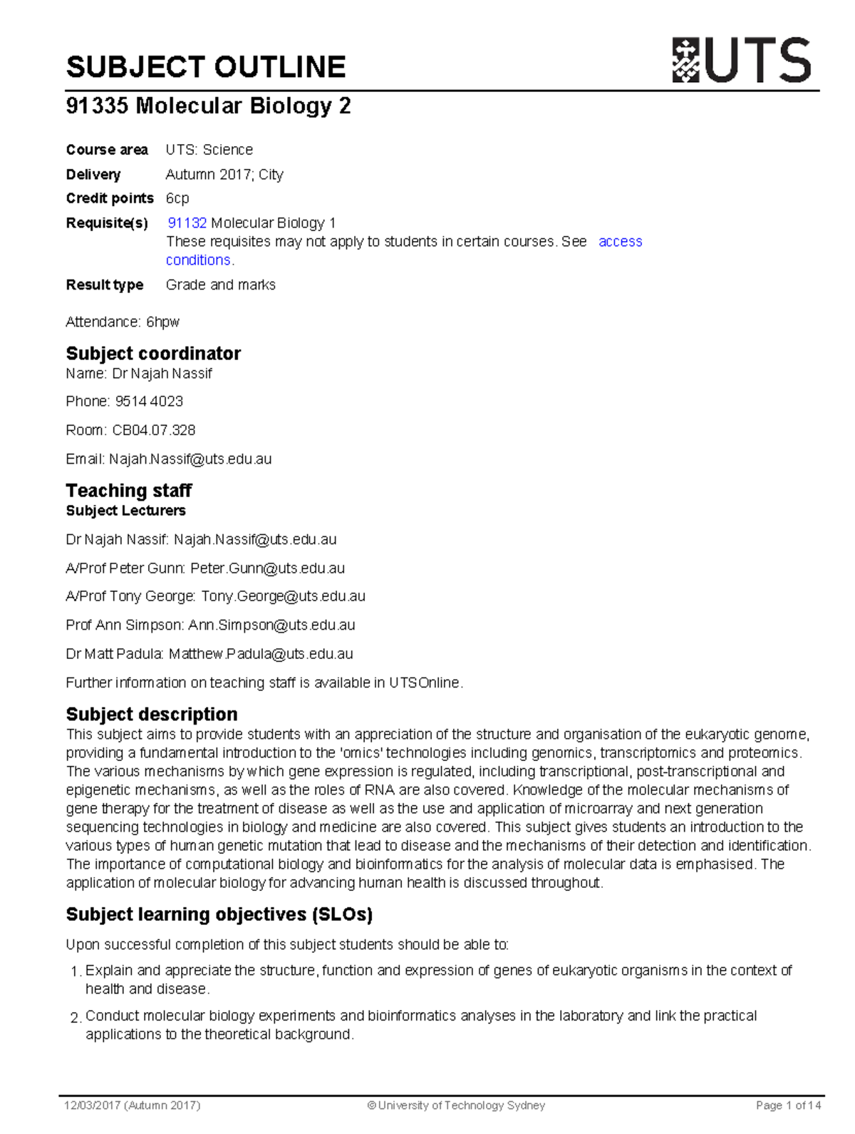 91335 MB2 outline - SUBJECT OUTLINE 91335 Molecular Biology 2 Course ...