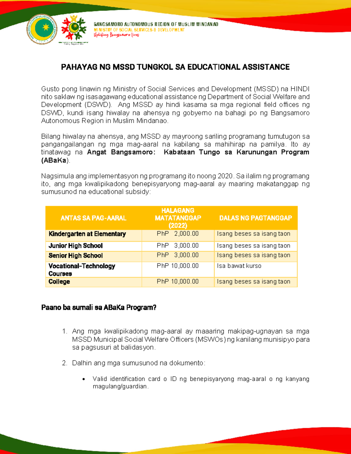 MSSD ABa Ka Guidelines - a BANGSAMORO AUTONOMOUS REGION OF MUSLIM ...
