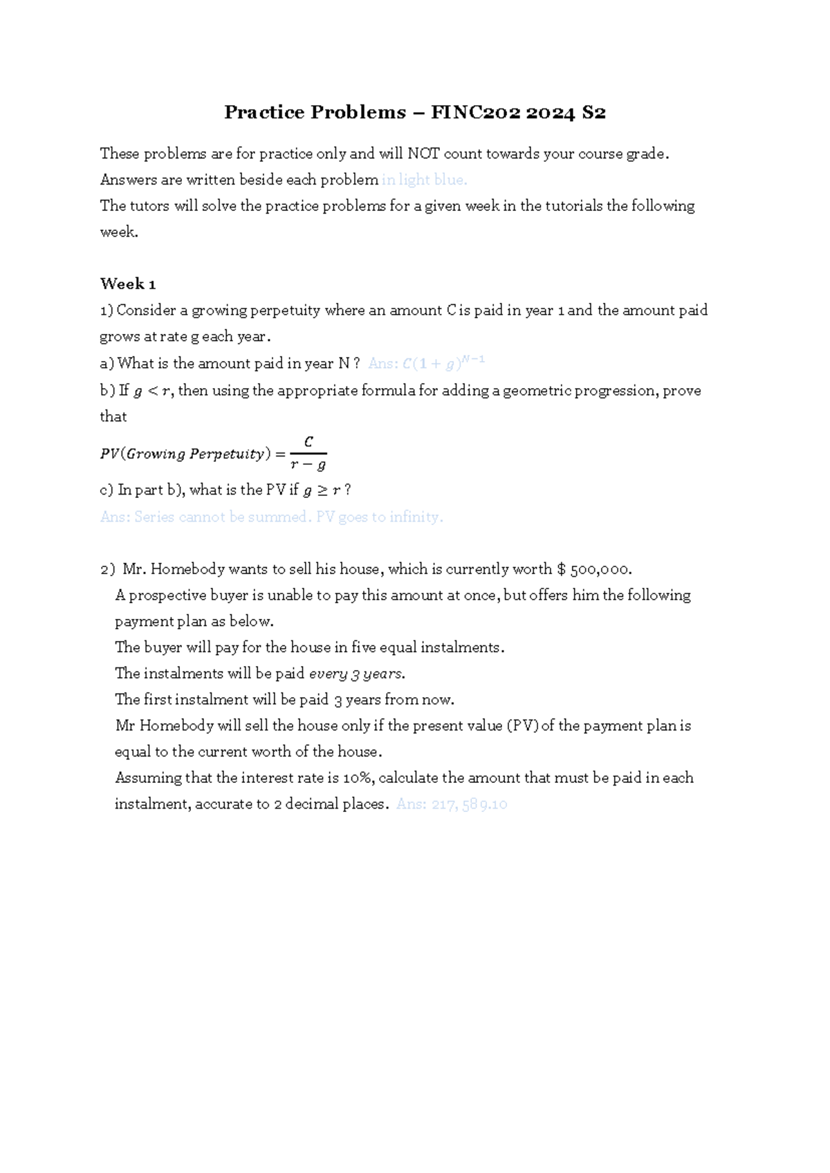 Practice Problems 2024 S2 - Practice Problems – FINC202 202 4 S These problems are for practice ...