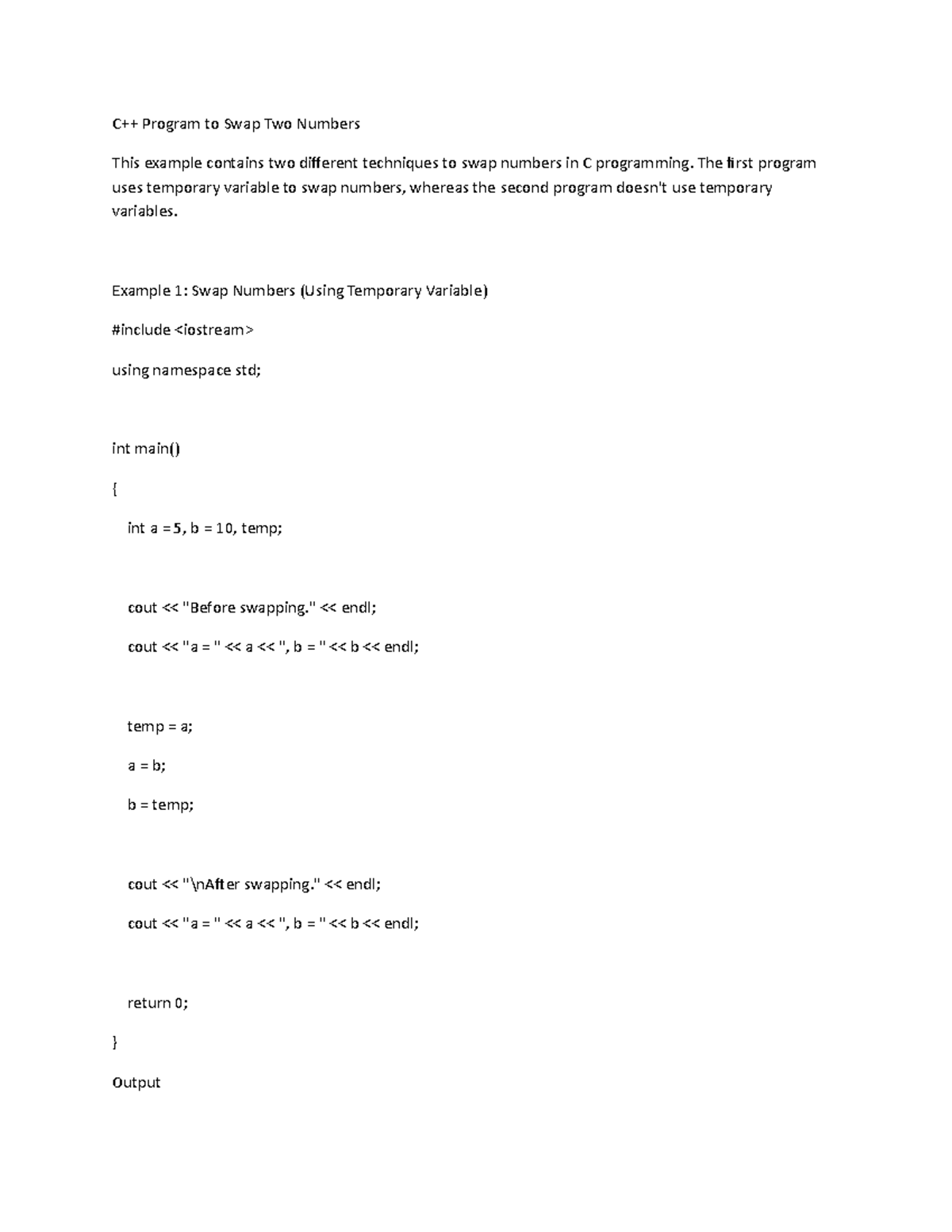 C6 - Assignment - C++ Program to Swap Two NumbersThis example contains ...