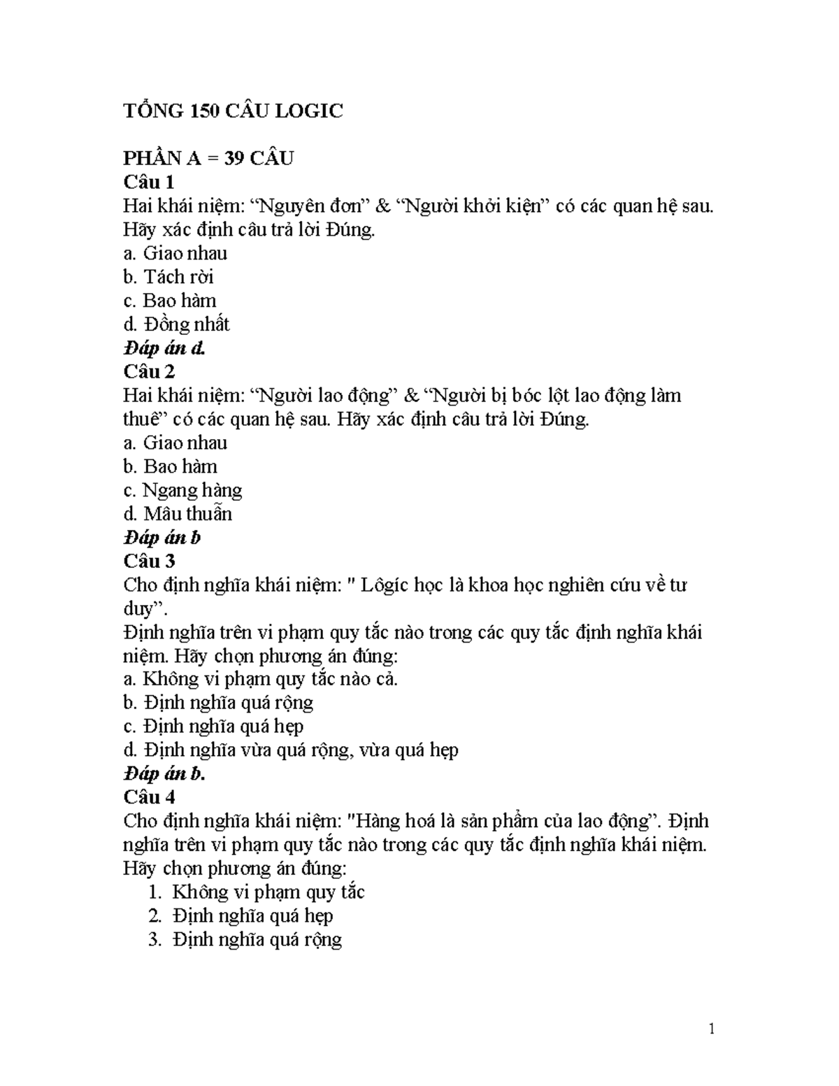 Dapan-logic - Đáp án trắc nghiệm logic - TỔNG 150 CÂU LOGIC PHẦN A = 39 ...