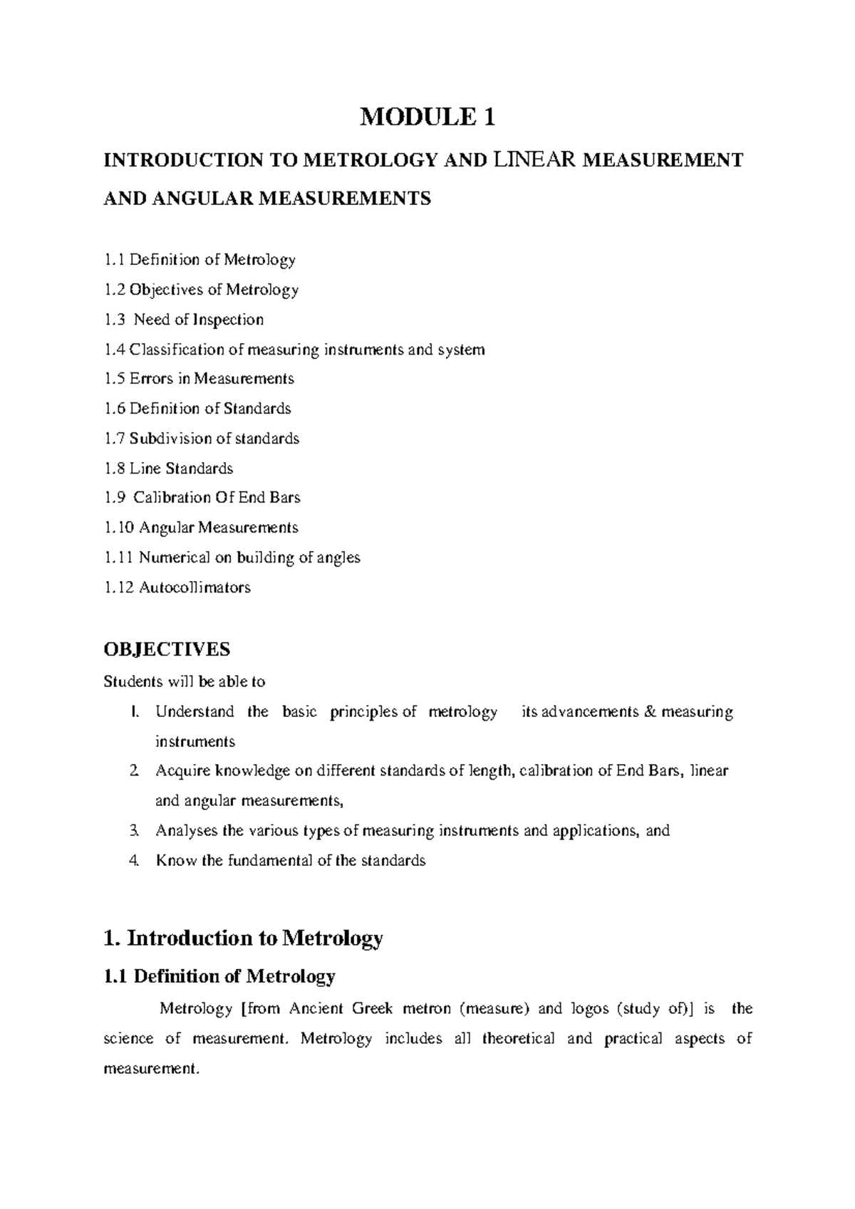 Basics of measurement - compiled lecture notes - MODULE 1 INTRODUCTION ...