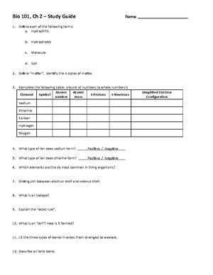 Ch 1 - Study Guide - Bio 101, Ch 1 – Study Guide Name: Deine each of ...
