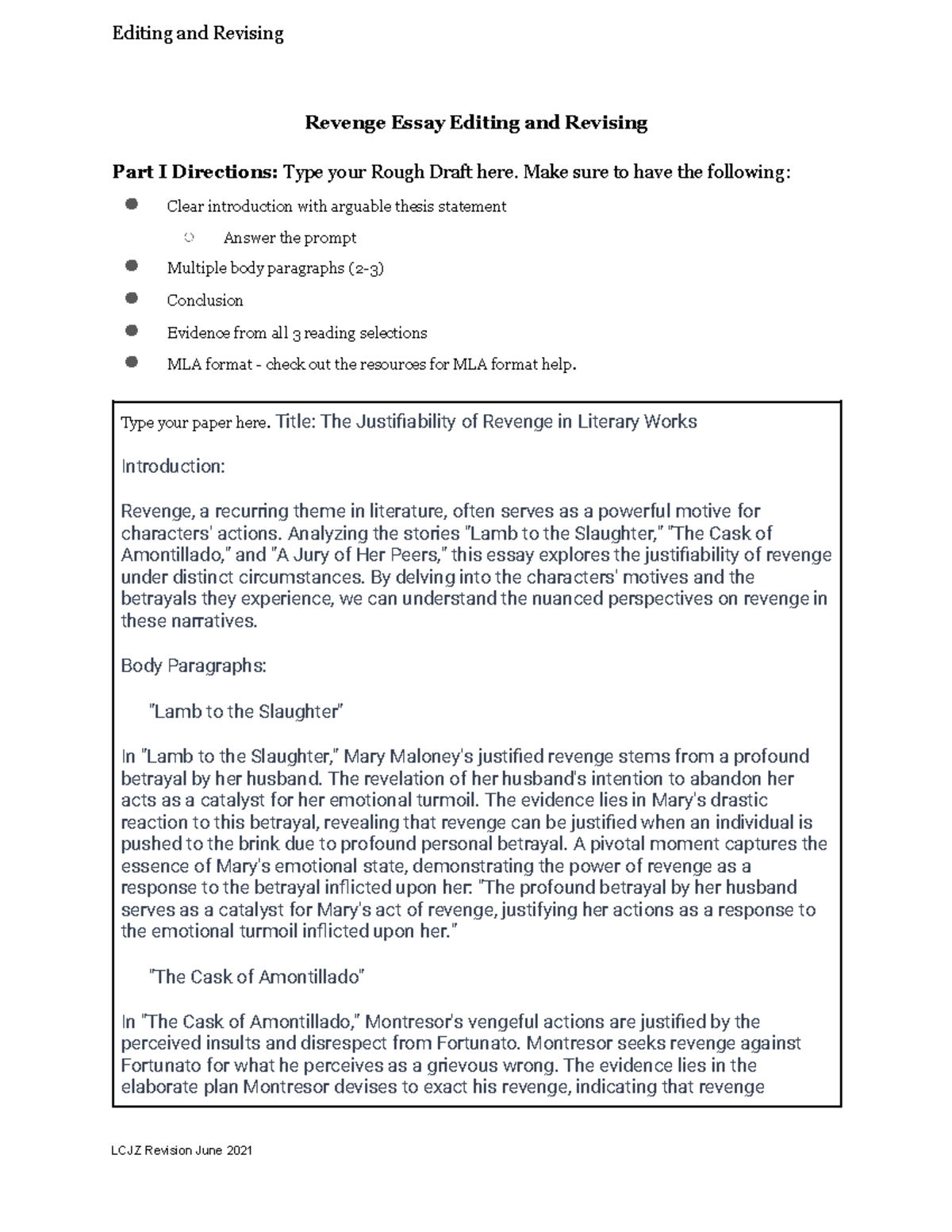 Copy of Essay Editing and Revising - Editing and Revising Revenge Essay ...