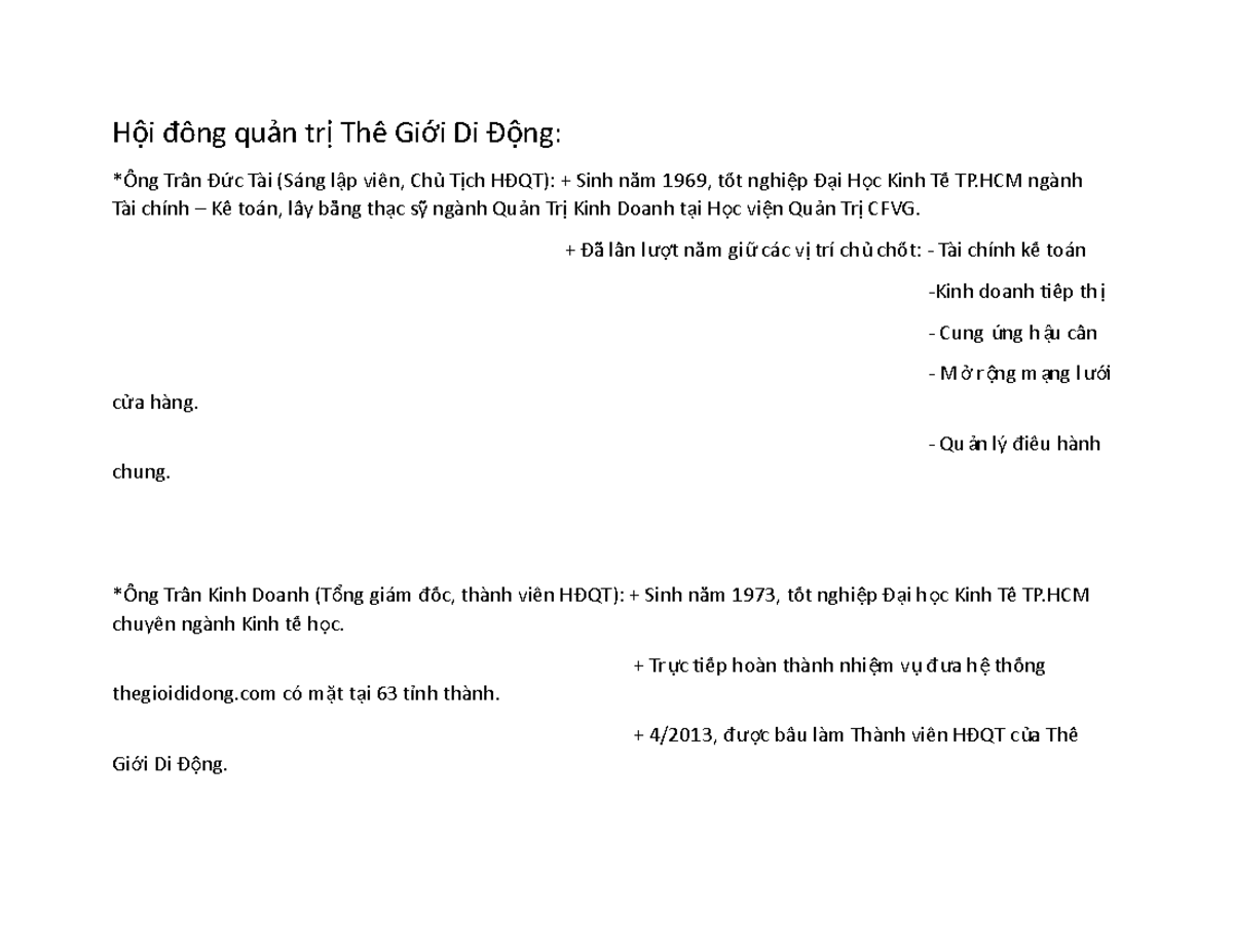 Hội đồng quản trị Thế Giới Di Động - H i đồồng qu n tr Thếế Gi i Di Đ ng:ộảịớộ *Ông Trầồn Đ c ...