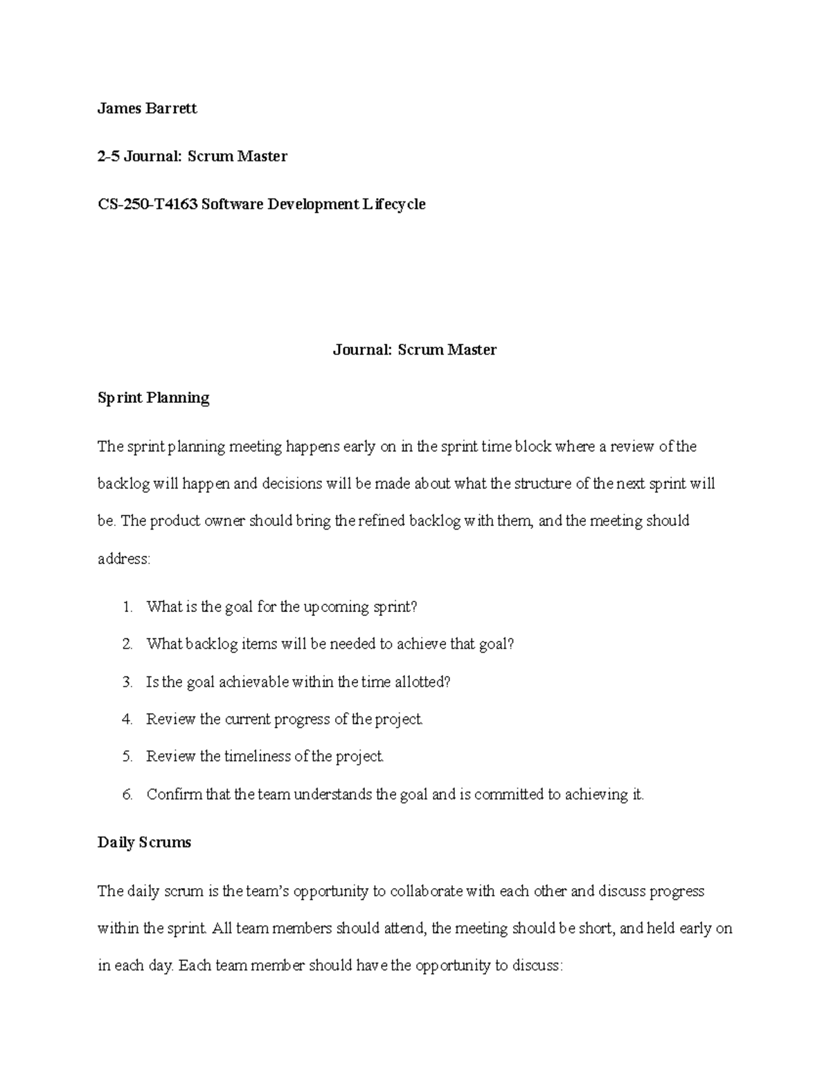 Journal - Scrum Master - James Barrett 2-5 Journal: Scrum Master CS-250 ...