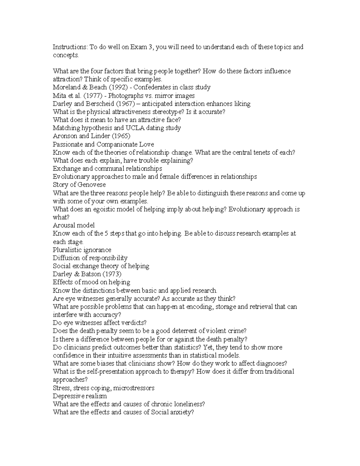 PY 470 Study Sheet 3 Instructions To Do Well On Exam 3 You Will