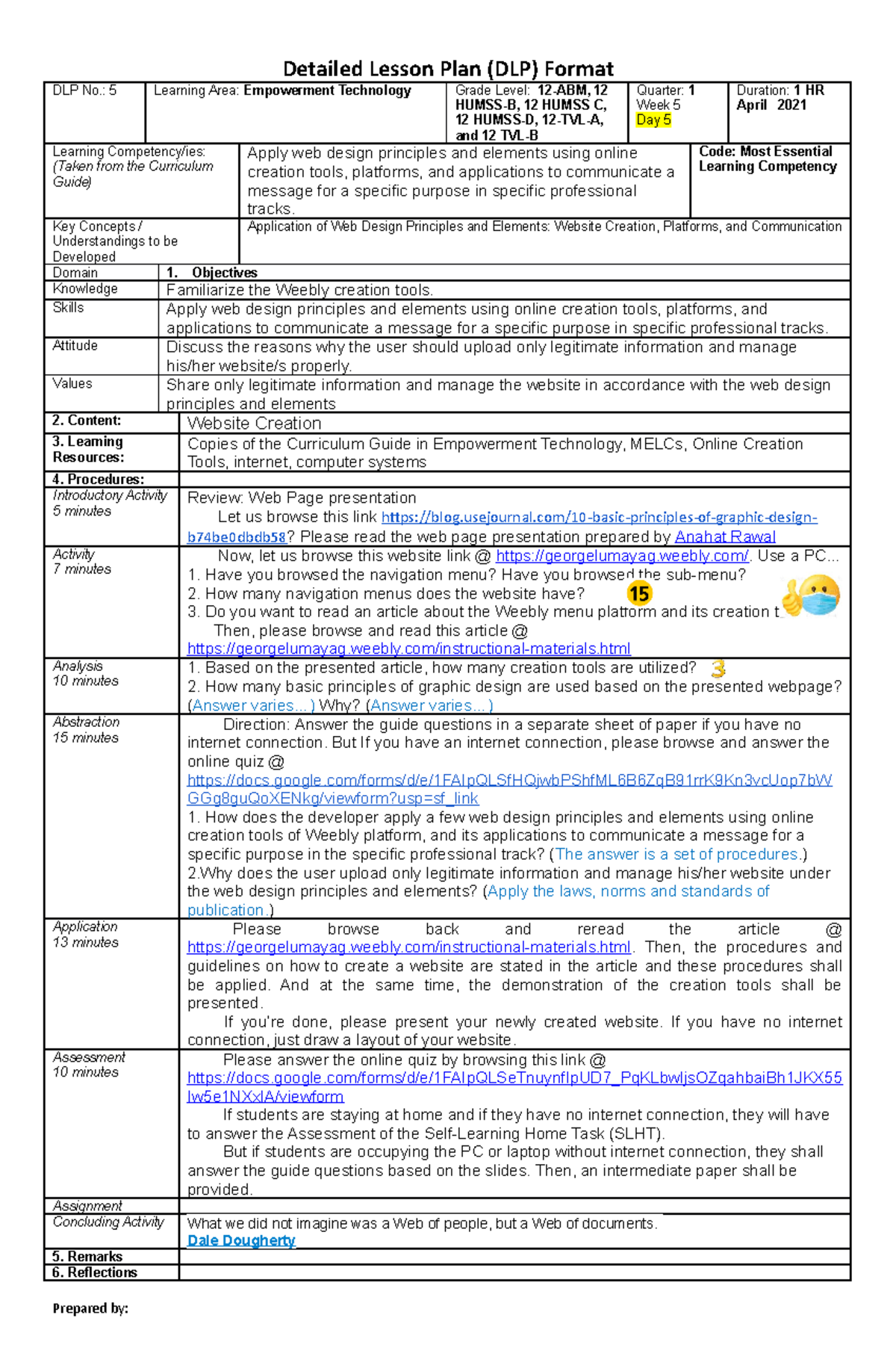 Emp Tech 11 or 12 DLP for CO 2021 prepared on 03 - Detailed Lesson Plan ...