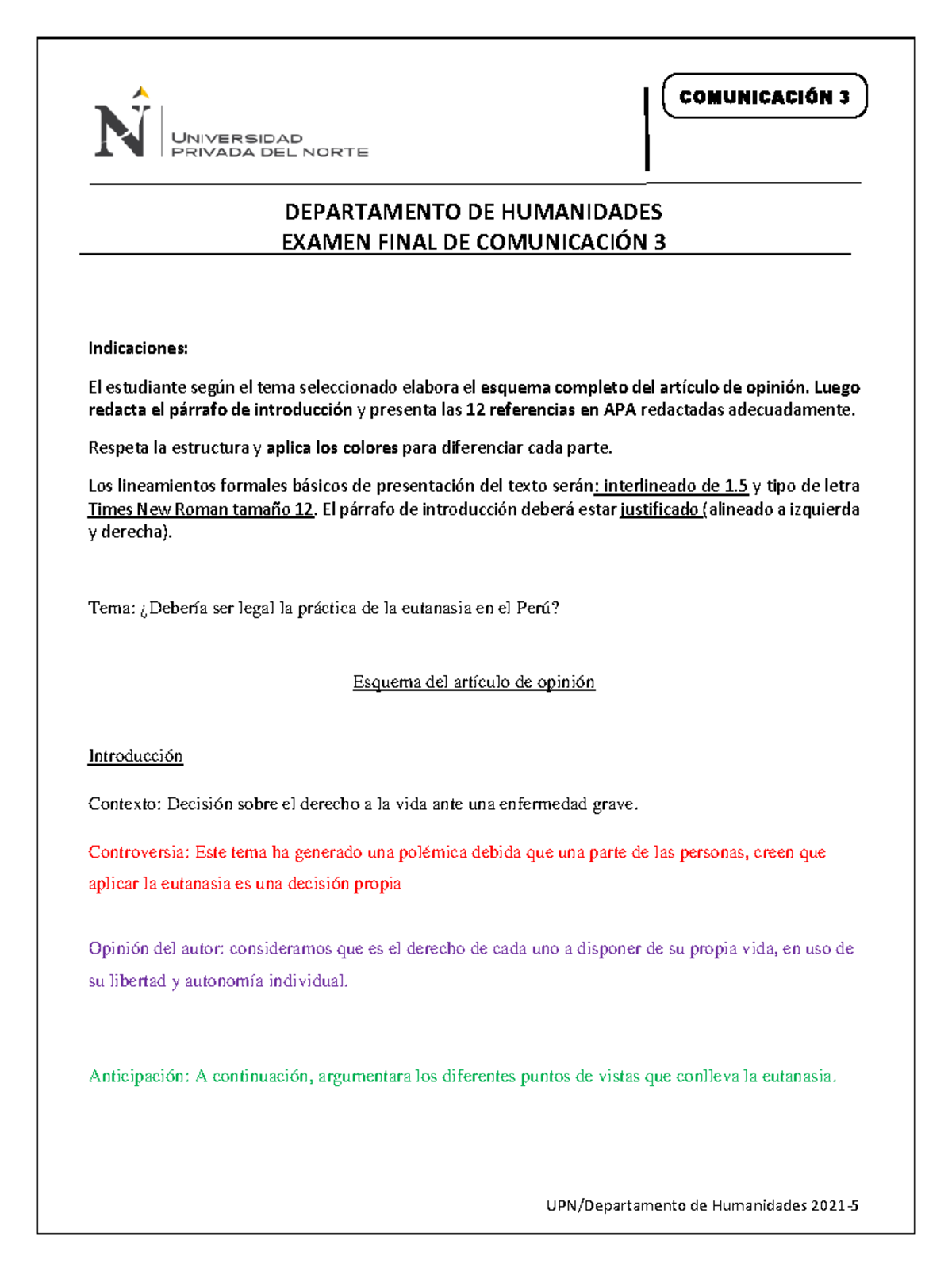 EXamen Final Comunicacion - DEPARTAMENTO DE HUMANIDADES EXAMEN FINAL DE ...
