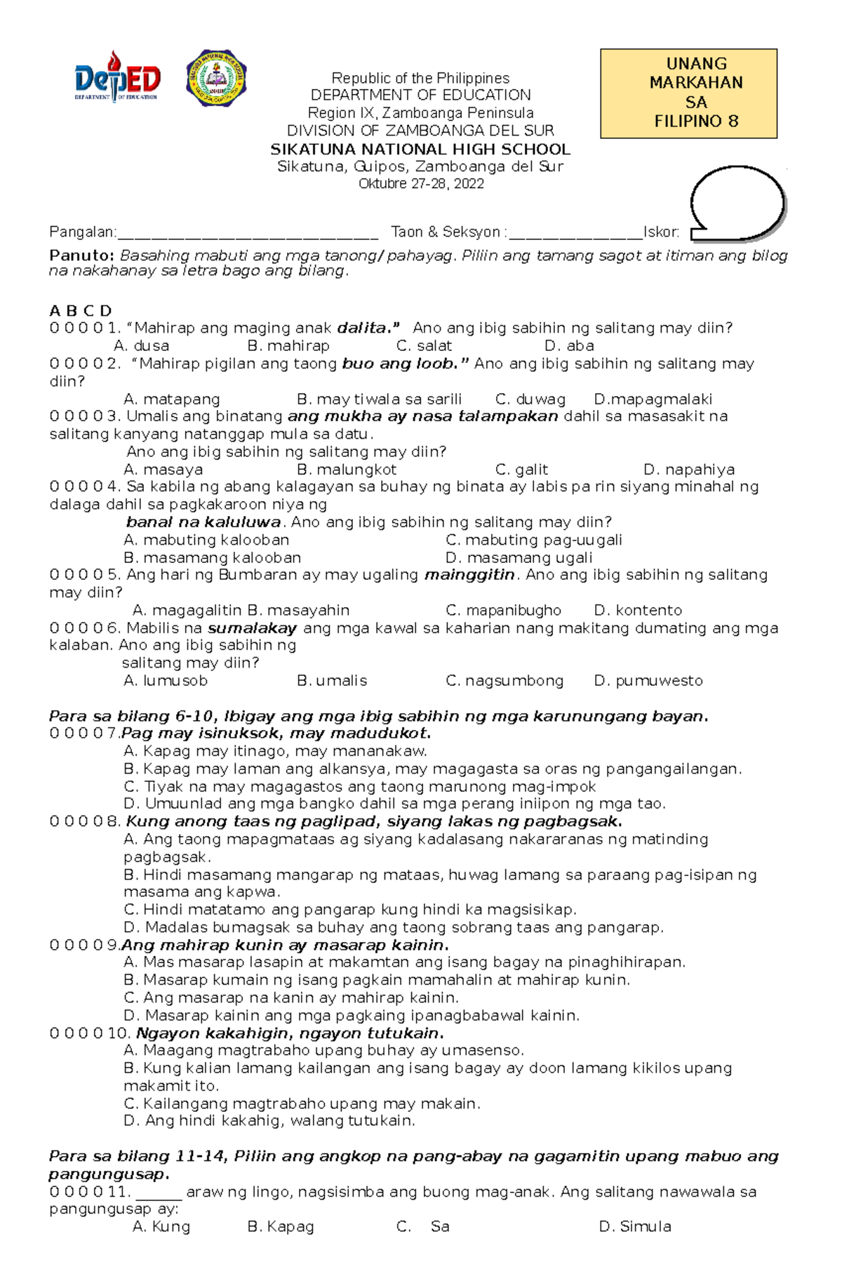 Filipino 8 - 1st Quarter - Republic of the Philippines DEPARTMENT OF ...