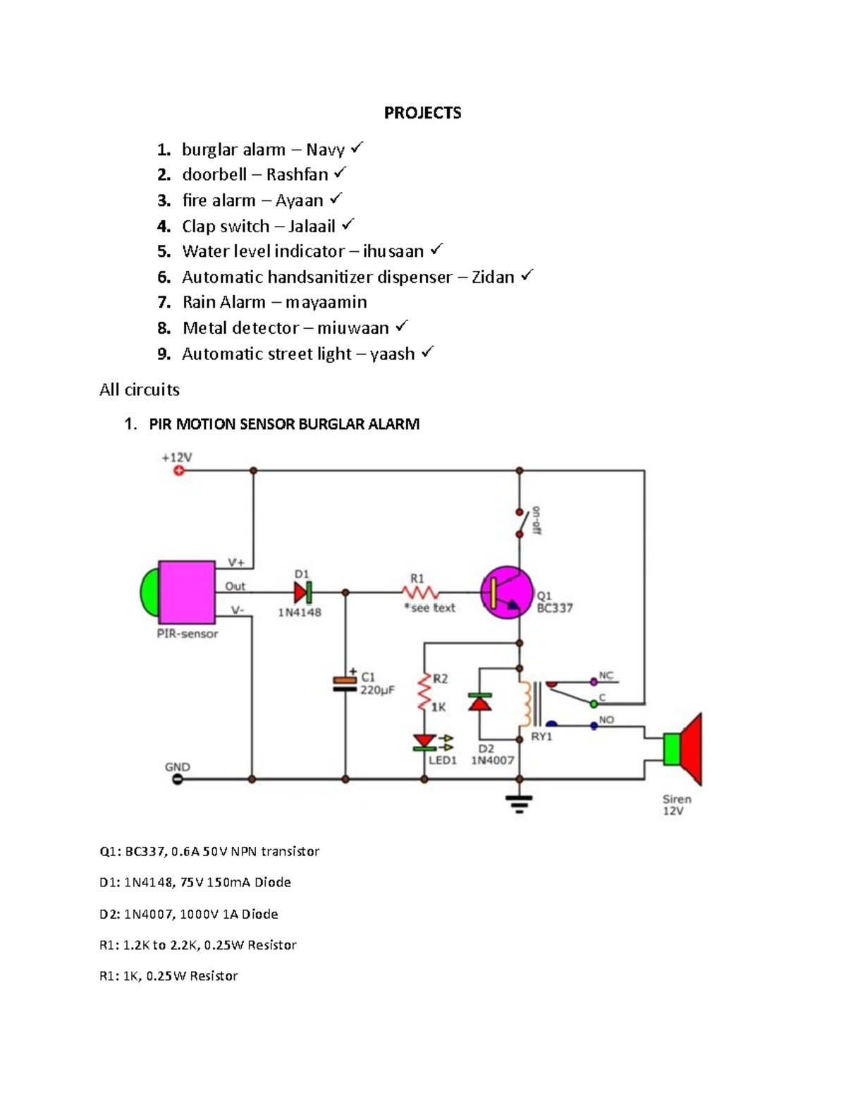 Projects in engineering - PROJECTS 1. burglar alarm – Navy 2. doorbell ...
