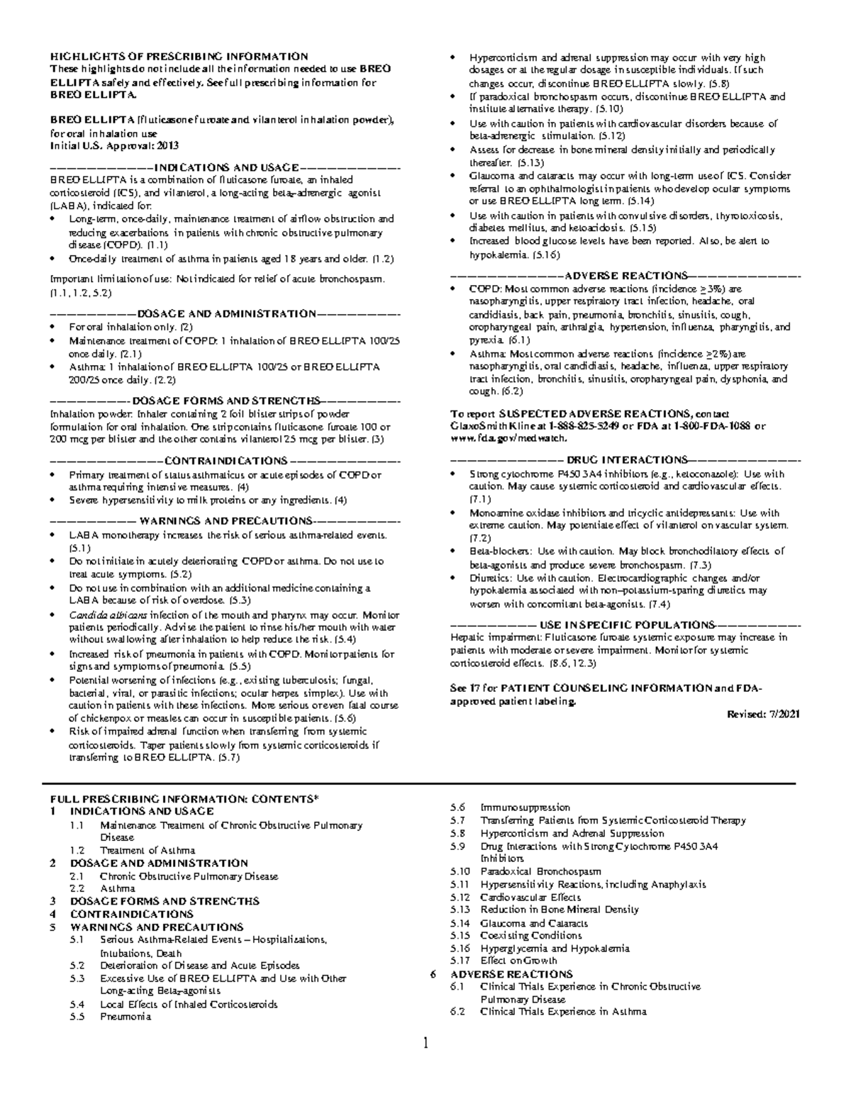 Breo ellipta - n/a - HIGHLIGHTS OF PRESCRIBING INFORMATION These highlights do not include all ...