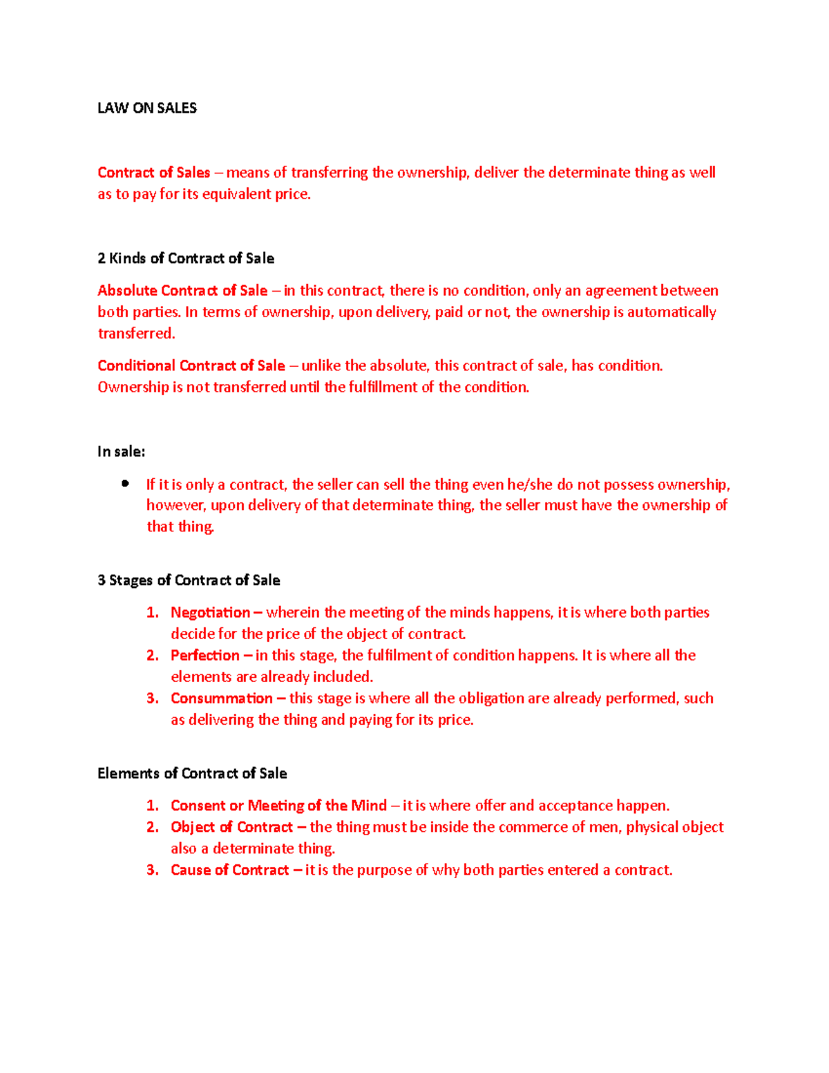 BSA LAW ON SALES NOTES AND SUMMARY - BY DE LEON - LAW ON SALES Contract ...