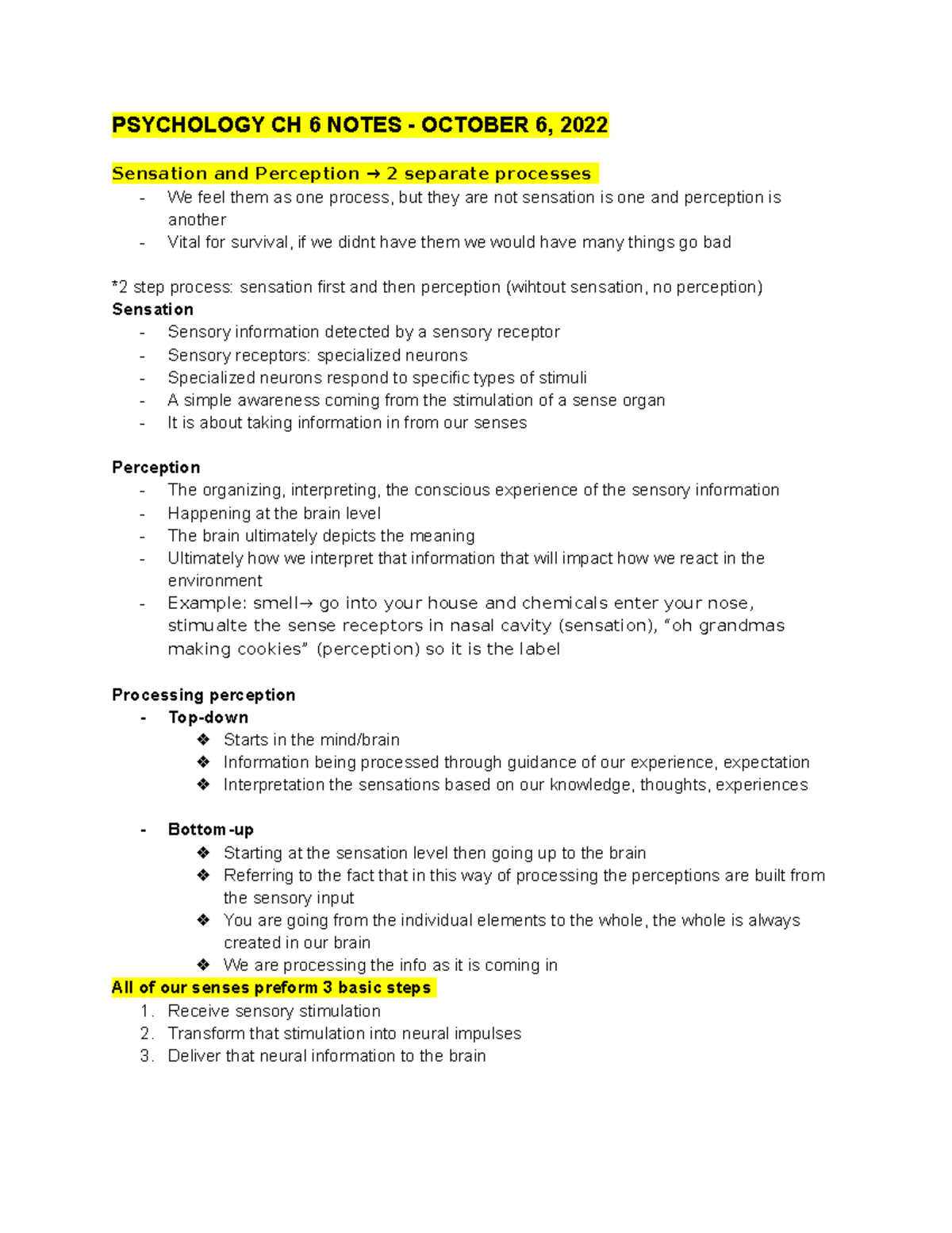 Psych CH 6 Notes - PSYCHOLOGY CH 6 NOTES - OCTOBER 6, 2022 Sensation ...