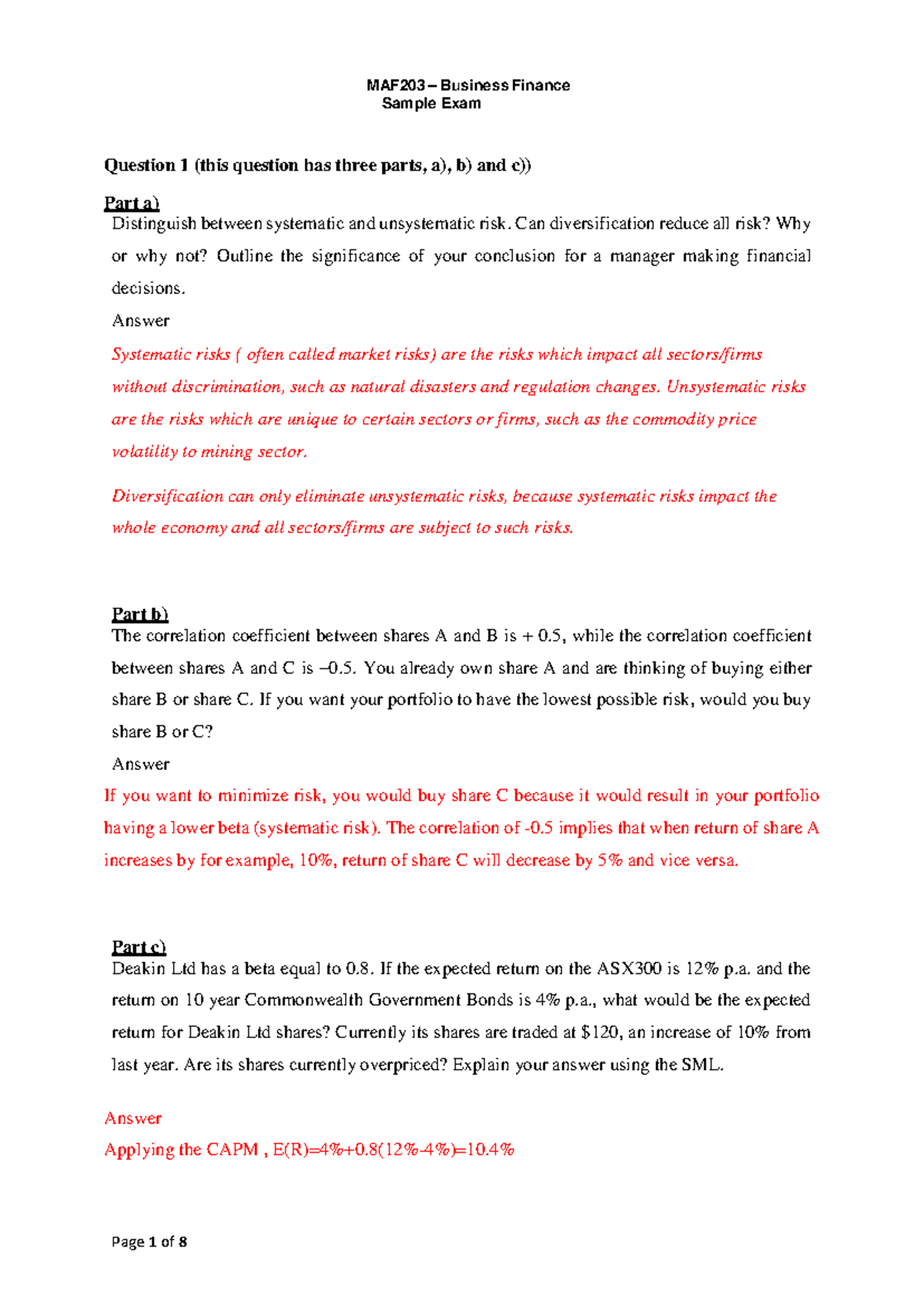 Sample/practice exam - Sample Exam Question 1 (this question has three ...
