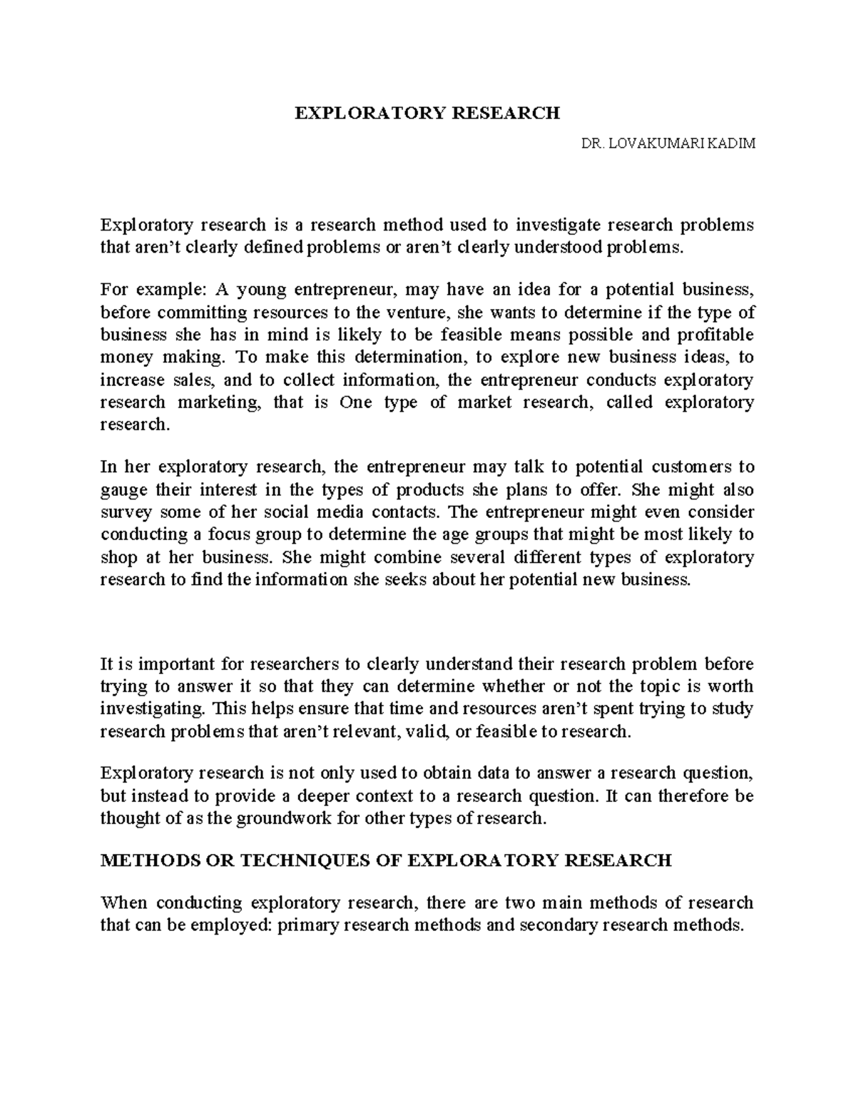Exploratory Researc 1 - EXPLORATORY RESEARCH DR. LOVAKUMARI KADIM ...