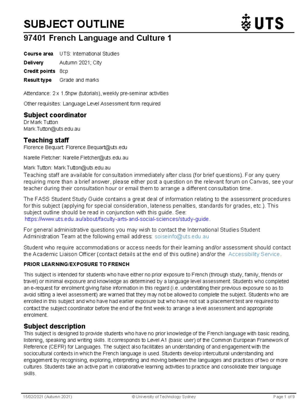 French L&C 1 Outline - N/A - SUBJECT OUTLINE 97401 French Language and ...