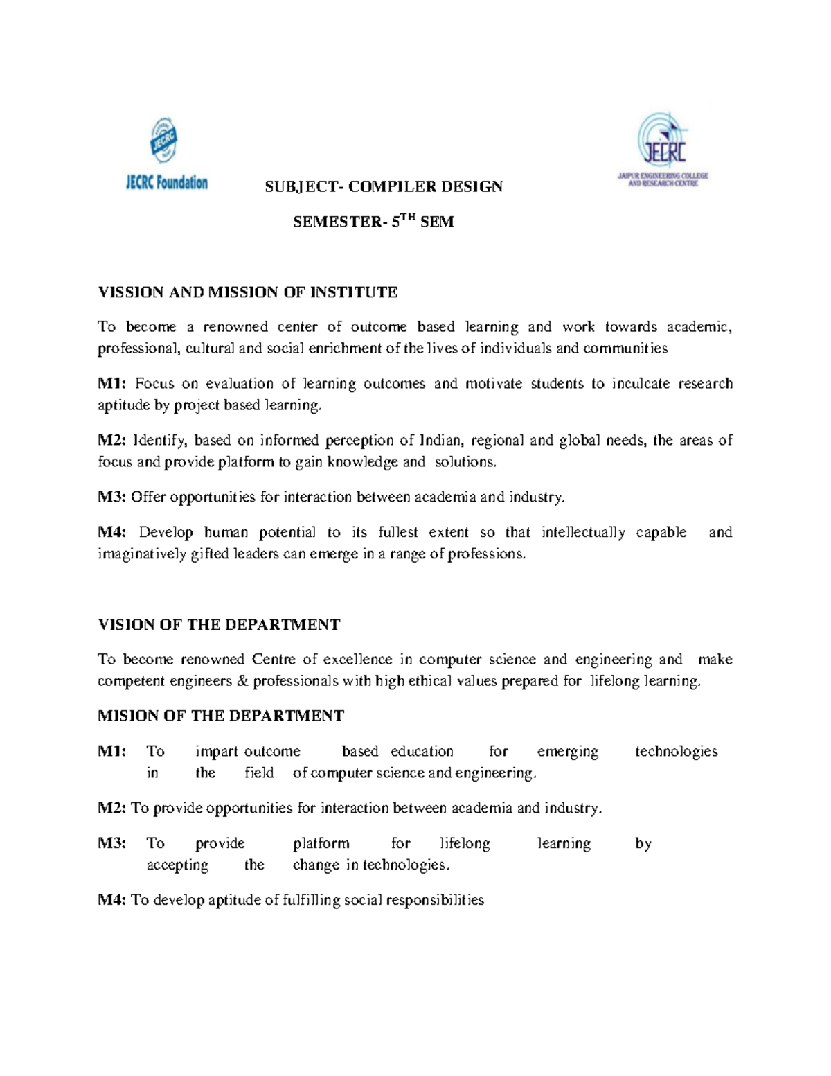 Unit 1 Notes Subject Compiler Design Semester 5th Sem Vission And Mission Of Institute To