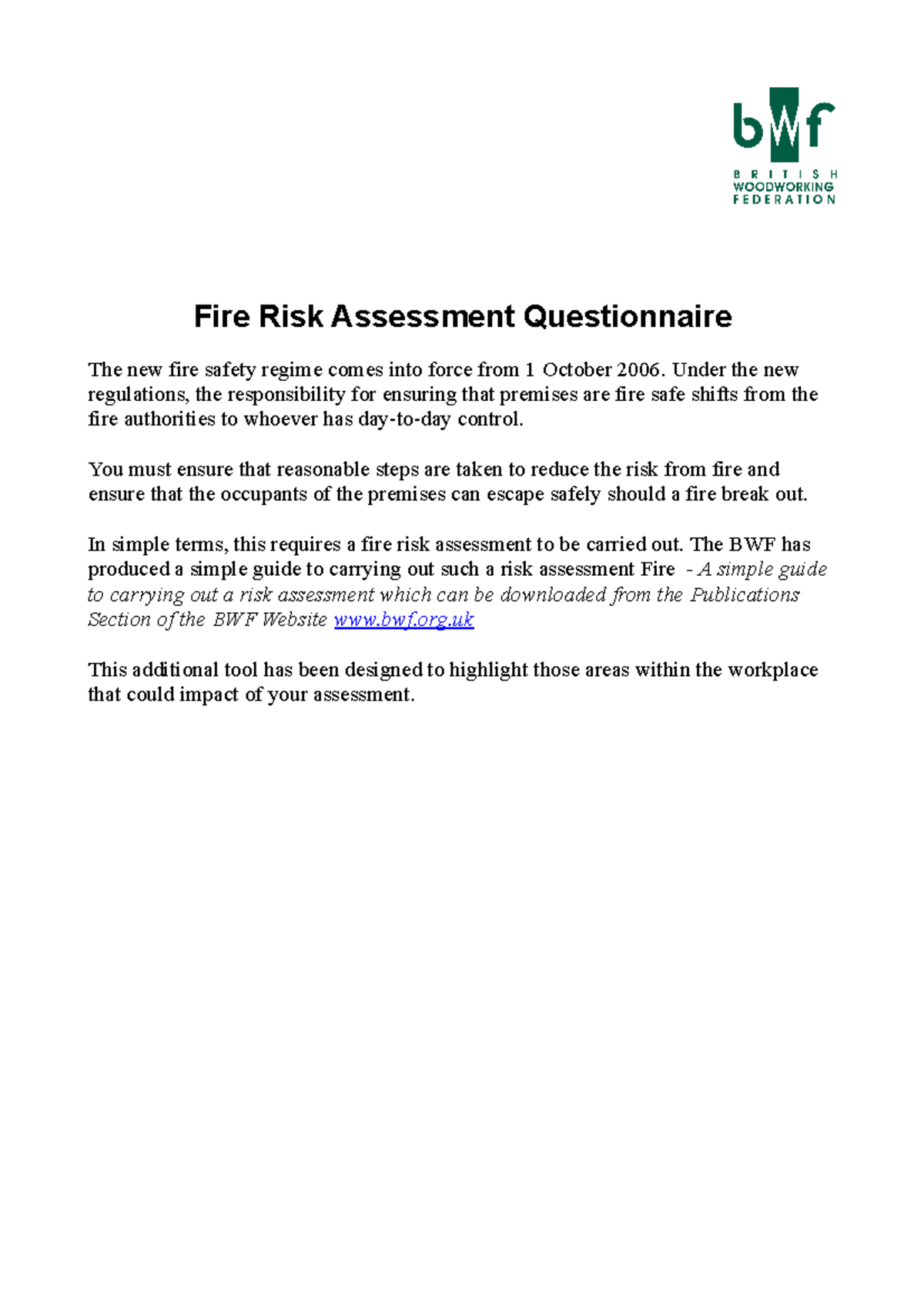 Fire risk assessment questionnaire 2010-1 - Fire Risk Assessment ...
