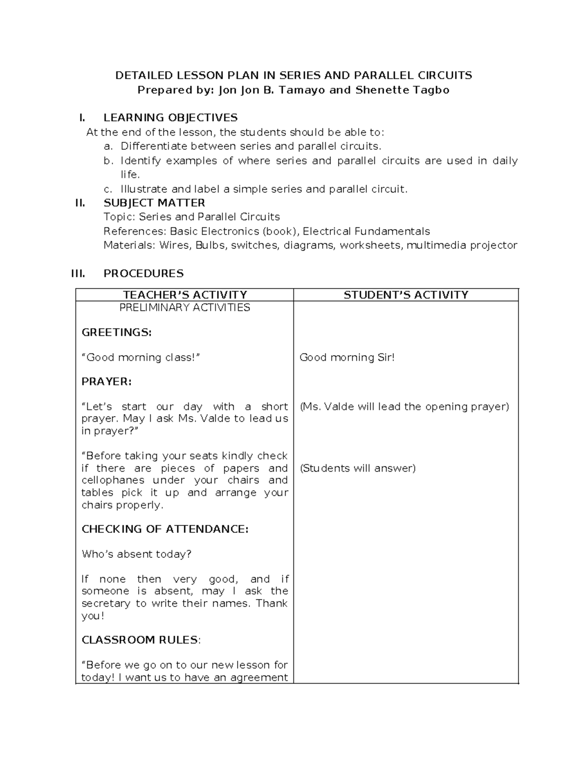 Final Lesson PLAN - DETAILED LESSON PLAN IN SERIES AND PARALLEL CIRCUITS Prepared by: Jon Jon B ...