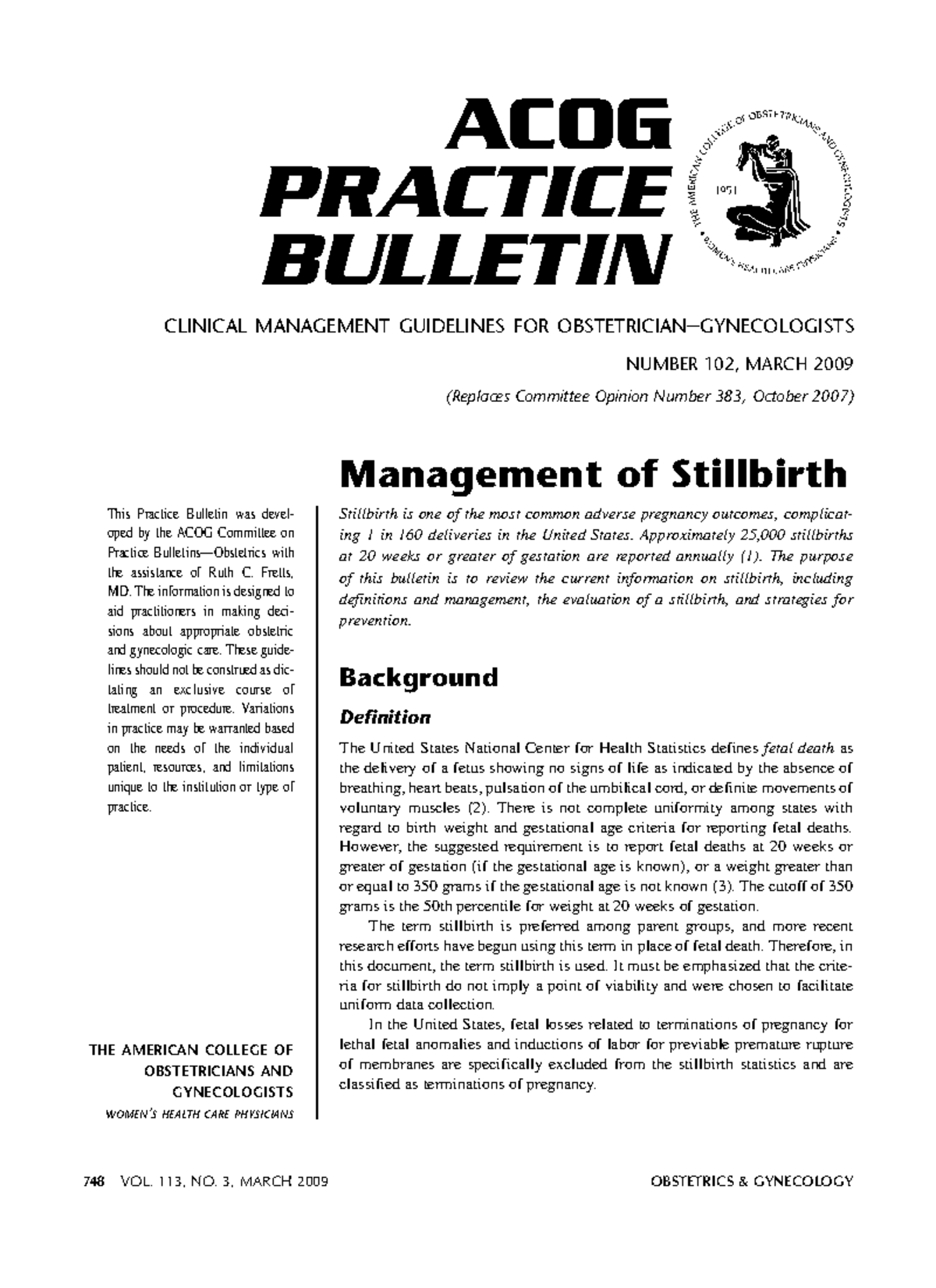 Acog practice bulletin no 102 management of stillbirth 2009 - 748 VOL ...
