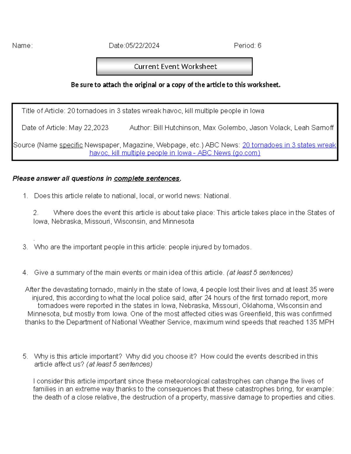 Current Event Worksheet - Title of Article: 20 tornadoes in 3 states ...