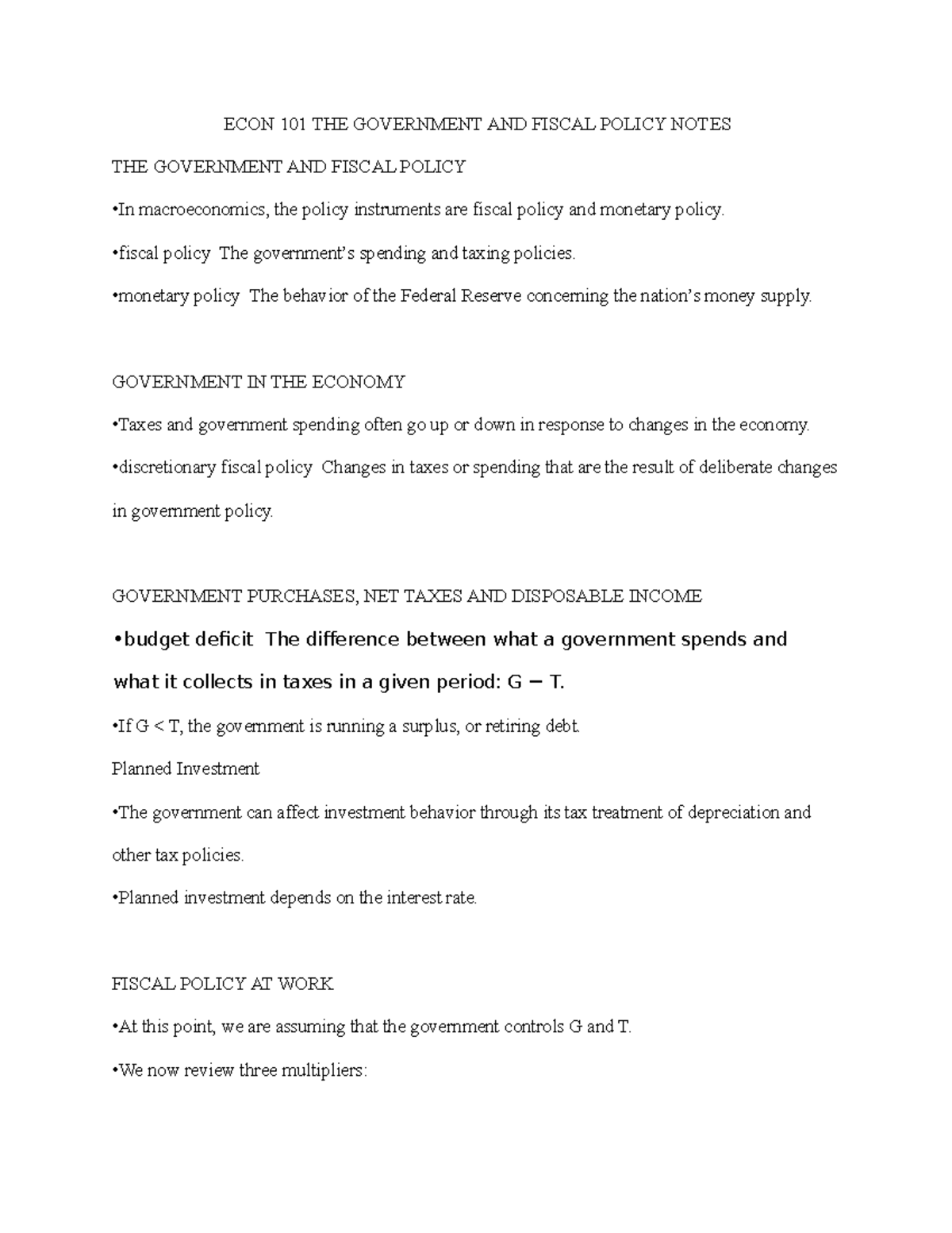 ECON 101 THE Government AND Fiscal Policy Notes - ECON 101 THE ...